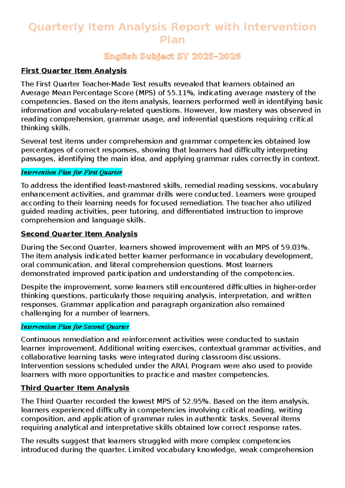 Quarterly Item Analysis Report & Intervention Plan: English SY - Studocu