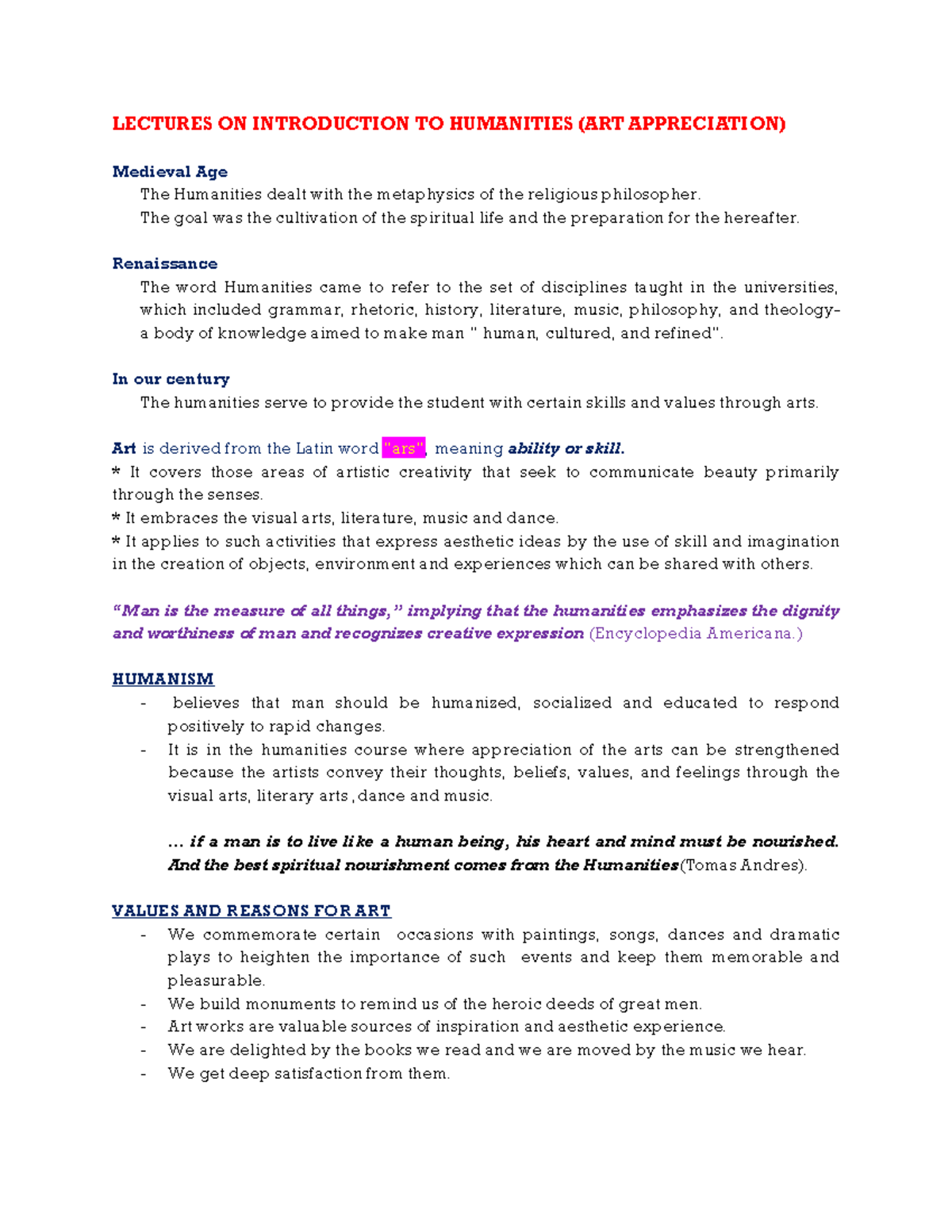 GEC 101: Introduction to Humanities - Art Appreciation Lectures - Studocu