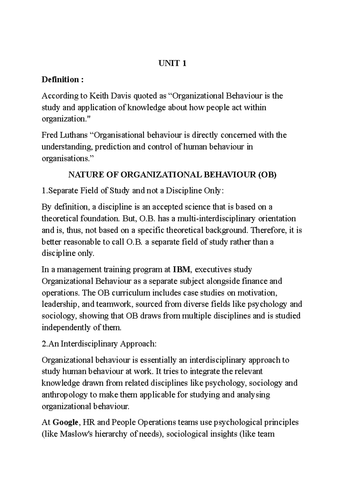 OB Notes: Understanding Organizational Behavior and Personality - Studocu