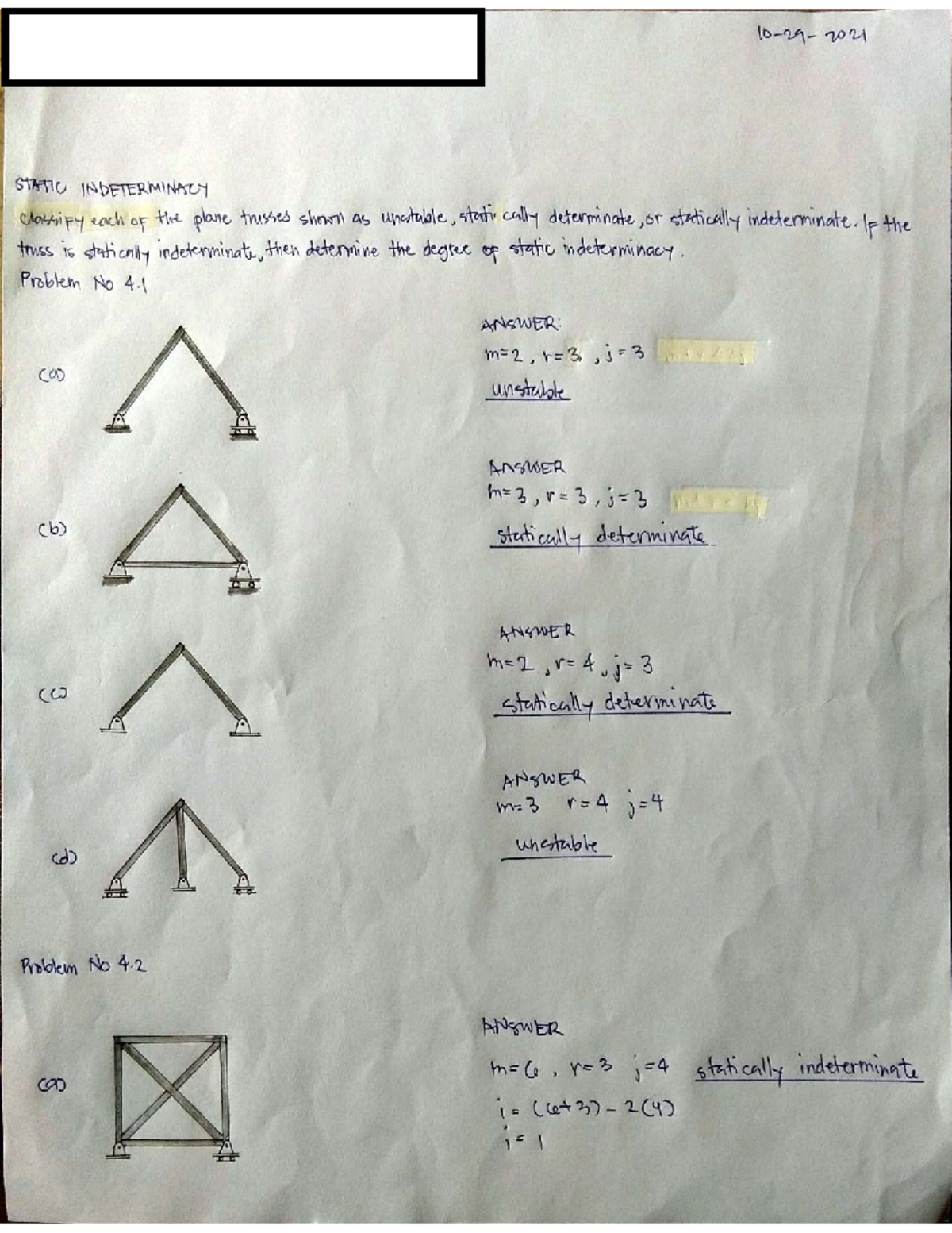Static Indeterminacy Problem Set 2: Classifying Trusses - Studocu