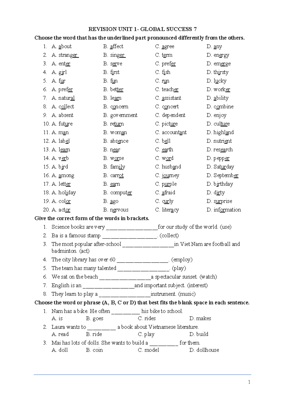 Revision UNIT 1 - Global Success 7: Pronunciation & Grammar Exercises ...