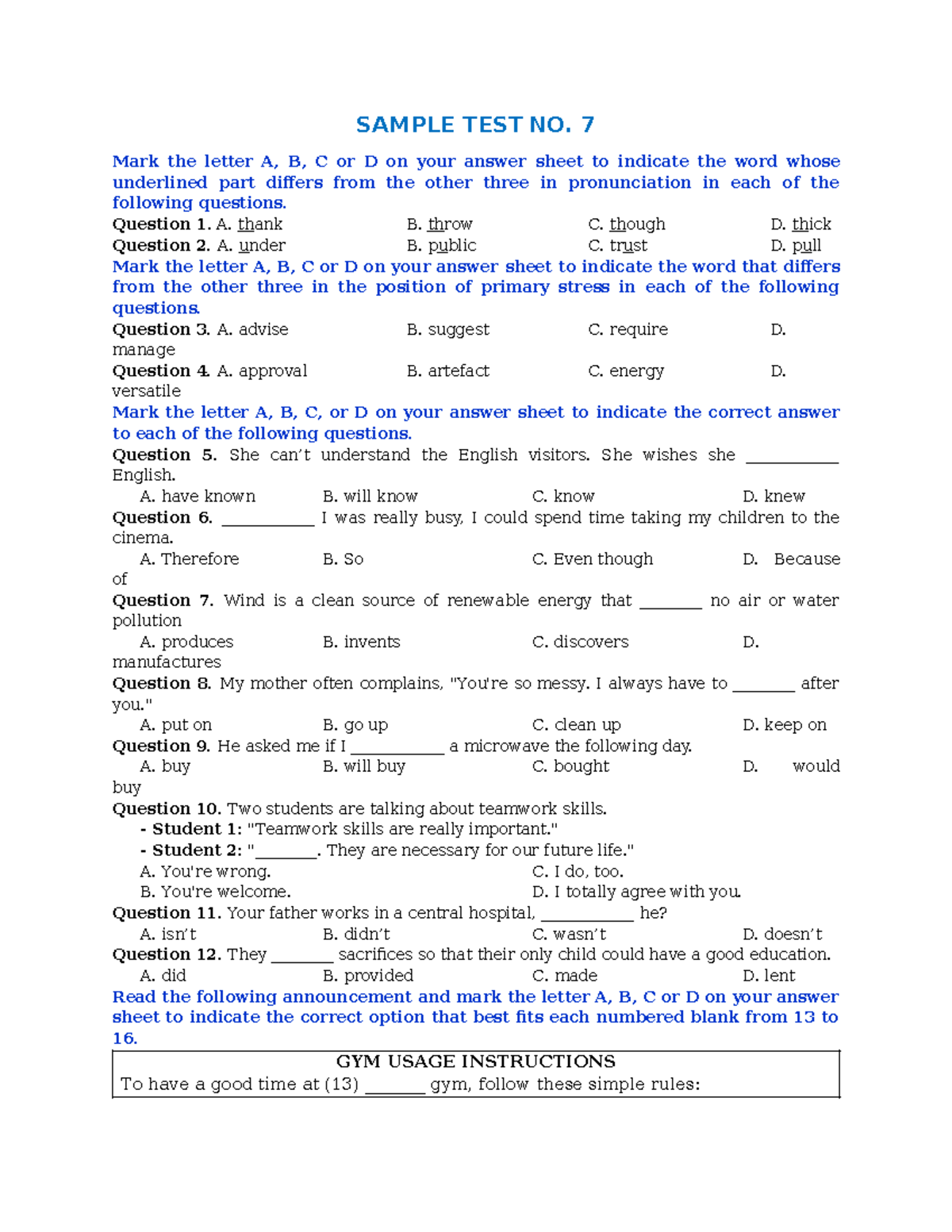 SAMPLE TEST NO. 8 - Pronunciation and Comprehension Questions - Studocu