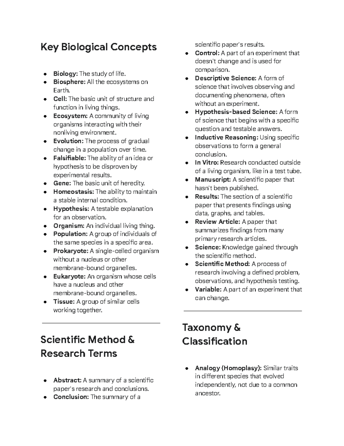 Key Terms in Biology: Essential Concepts for Understanding Life - Studocu