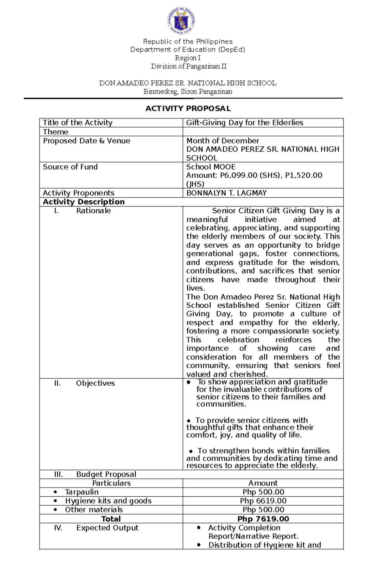 Activity Proposal: Gift-Giving Day for Seniors - DepEd Region I - Studocu