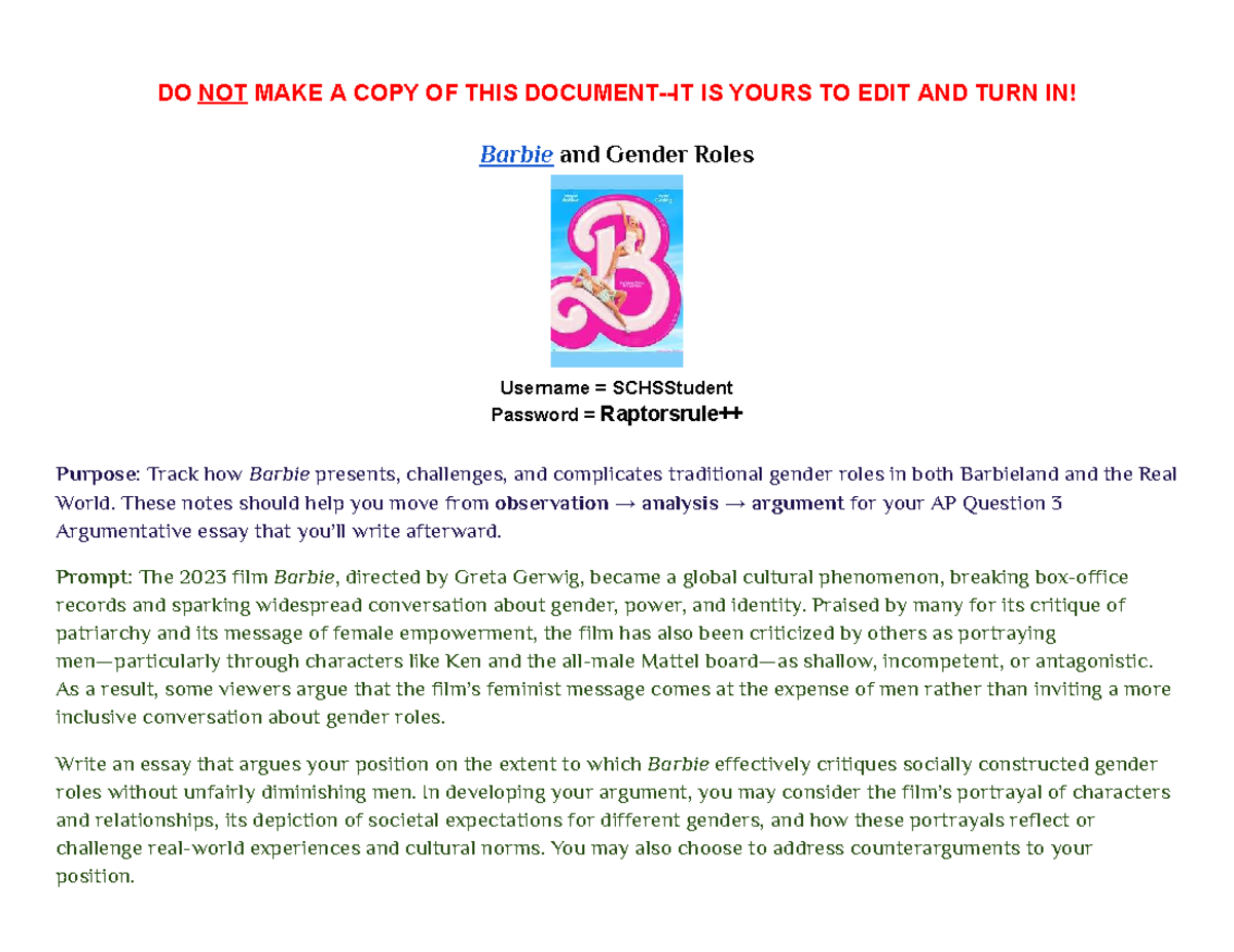 AP Argumentative Essay Notes: Barbie & Gender Roles (1997) - Studocu