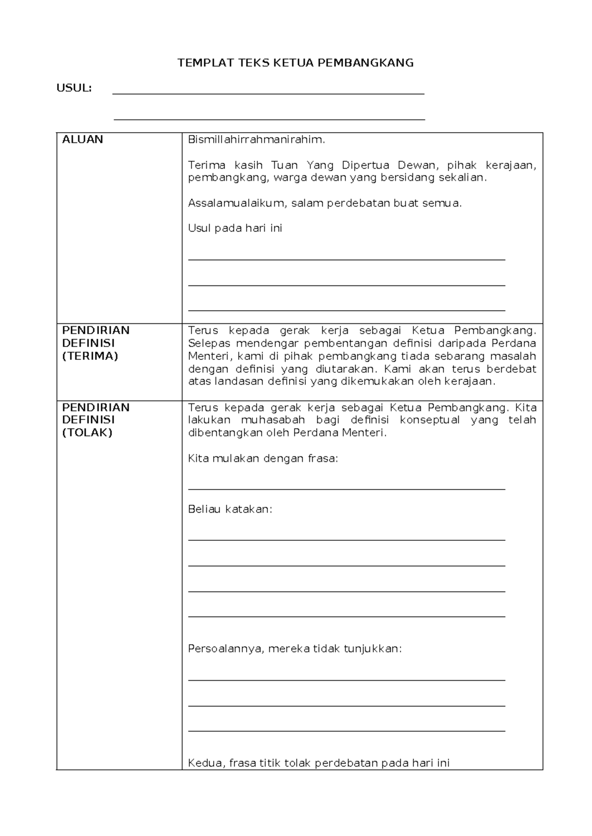 Template Teks Usul Pembangkang Ketua Pembangkang di Dewan - Studocu