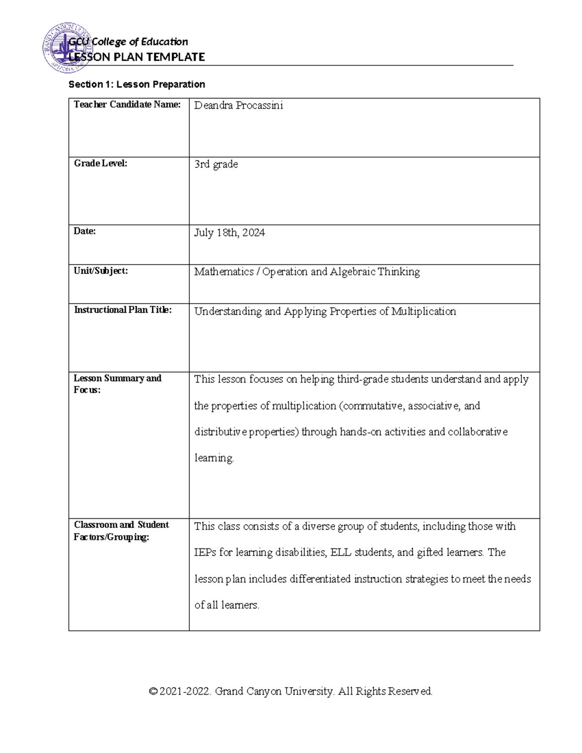 SPD 570 Algebraic Operations Lesson Plan for 3rd Grade Students - Studocu