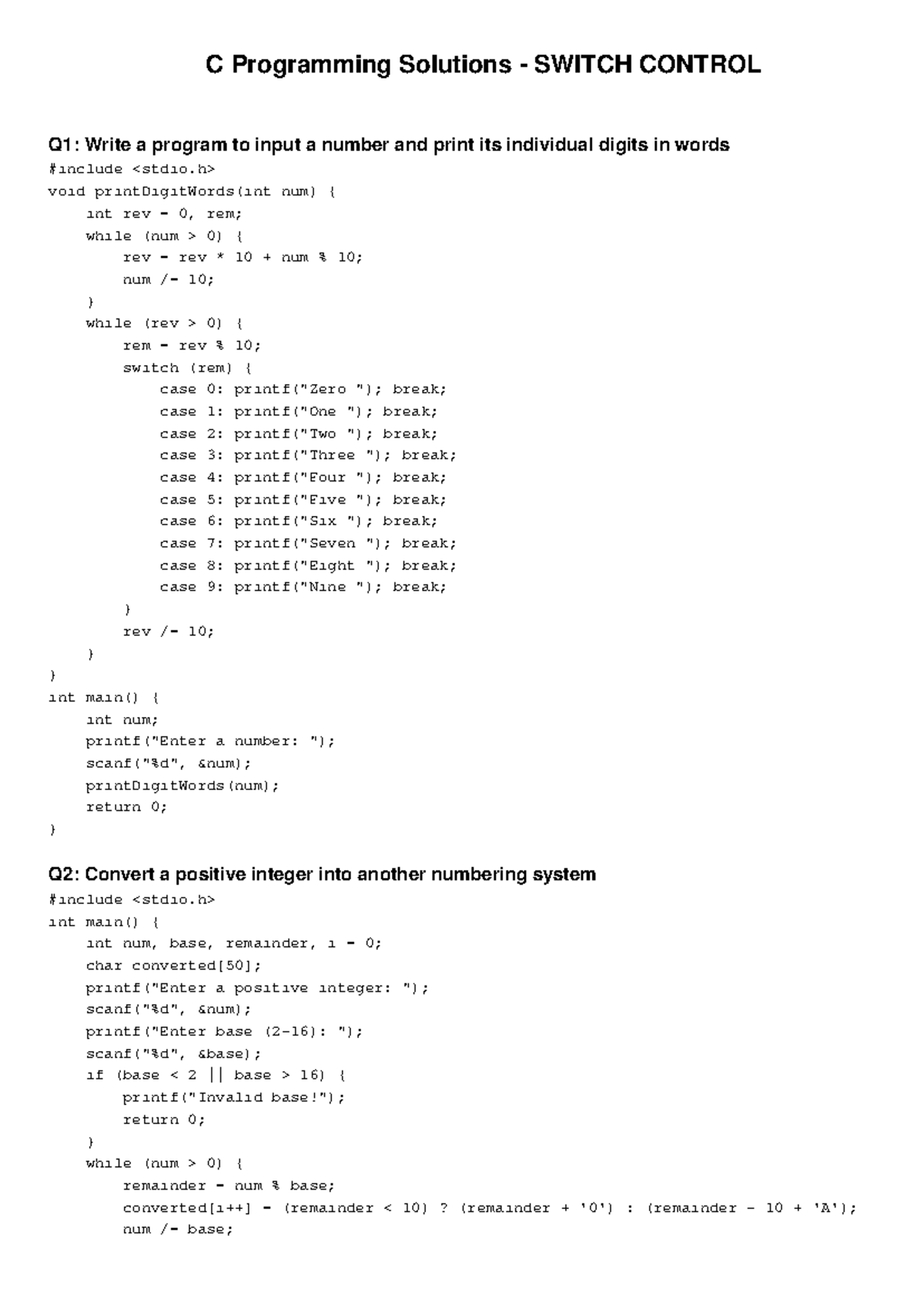 C Programming Switch Solutions - C Programming Solutions - SWITCH CONTROL Q1: Write a program to ...