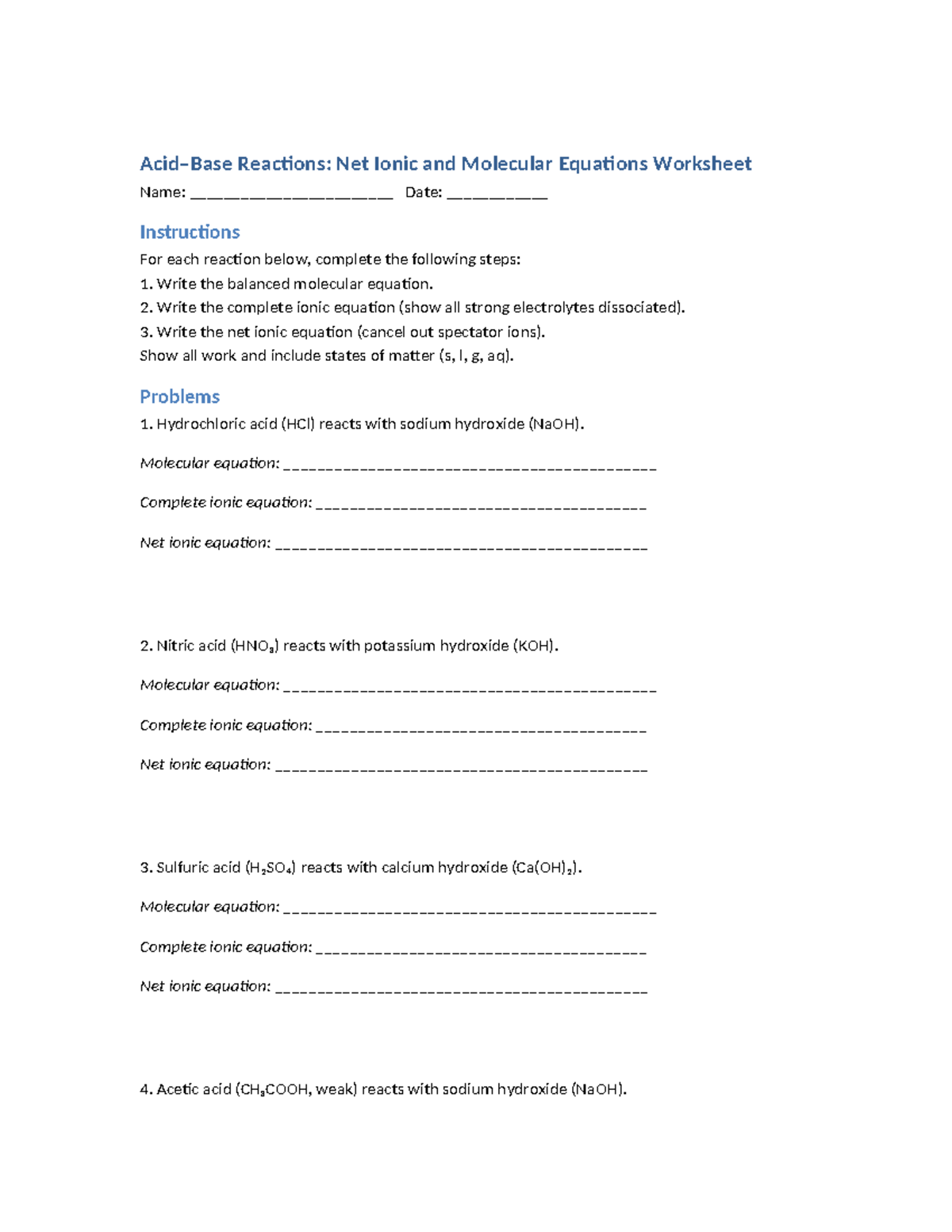 Acid-Base Net Ionic Equations Worksheet (Chem 101) - Studocu
