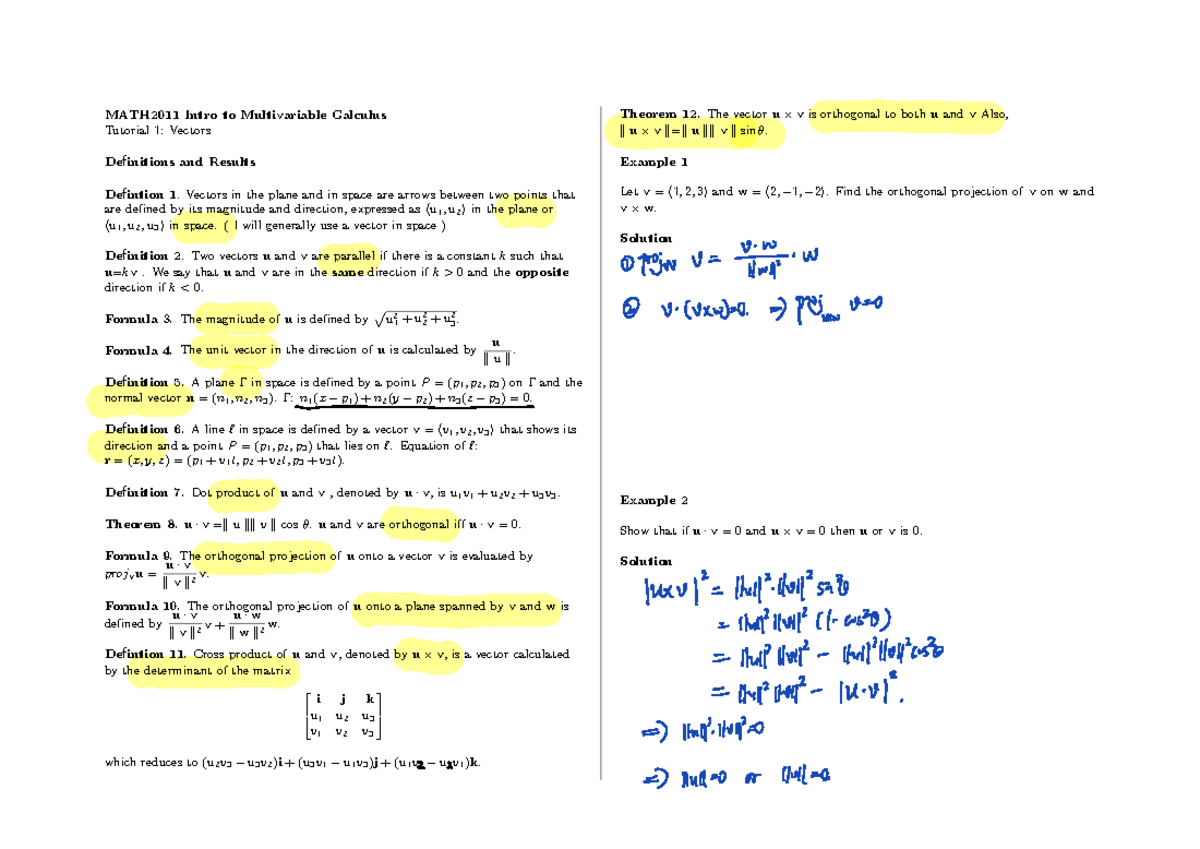 MATH 2011 Tutorial 1: Intro to Vectors and Projections in Calculus ...