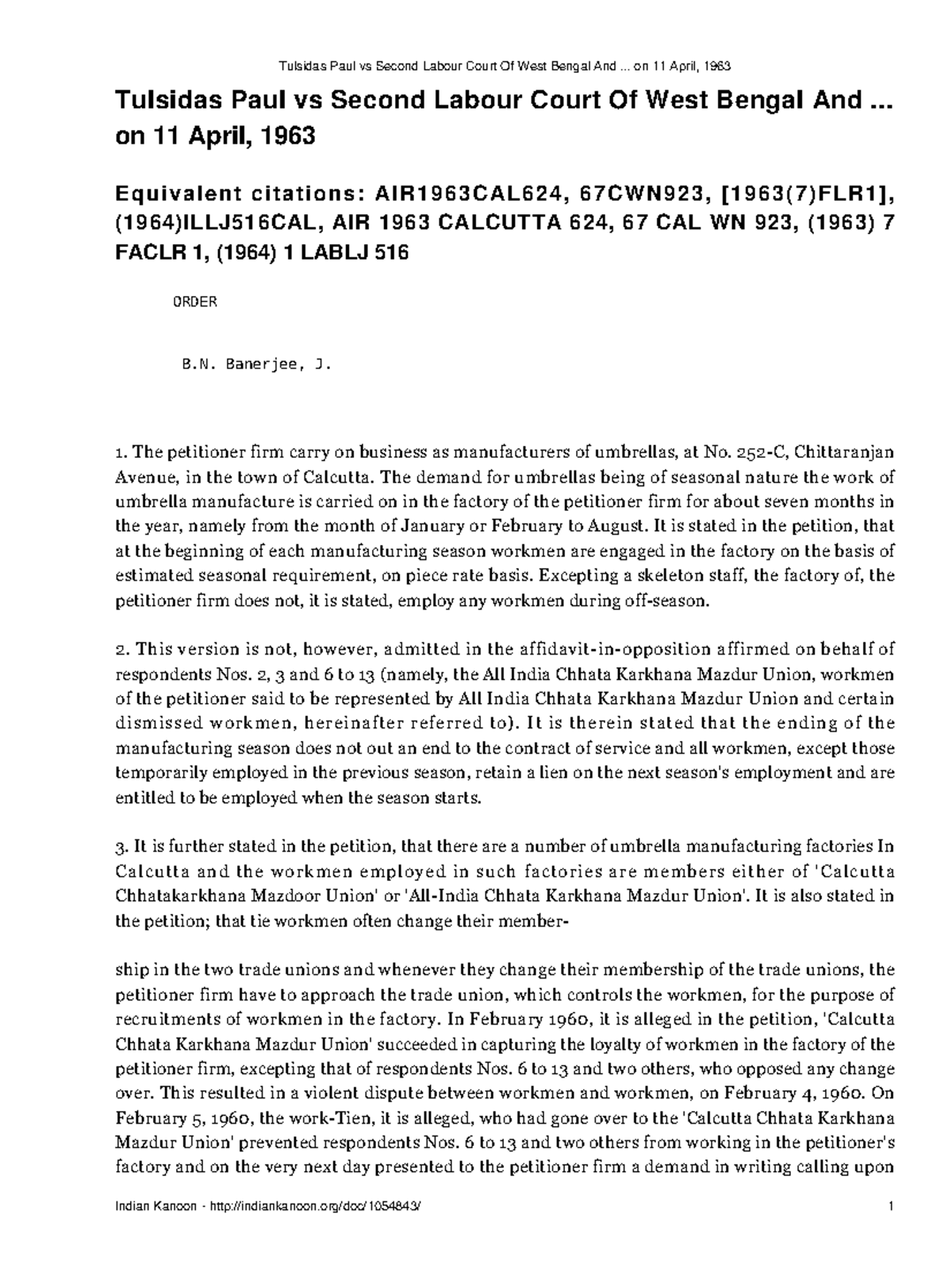 Tulsidas Paul vs Second Labour Court WB: Case Summary & Analysis (1963 ...