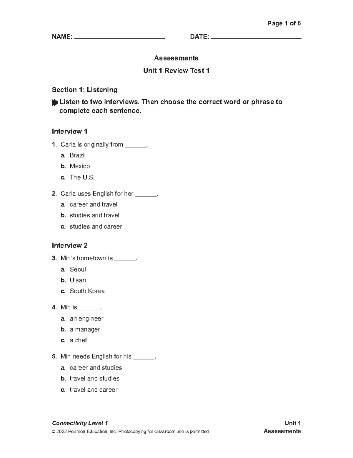 B01 Unit 1 Test 1 Review - Listening, Vocabulary, Speaking, Reading ...