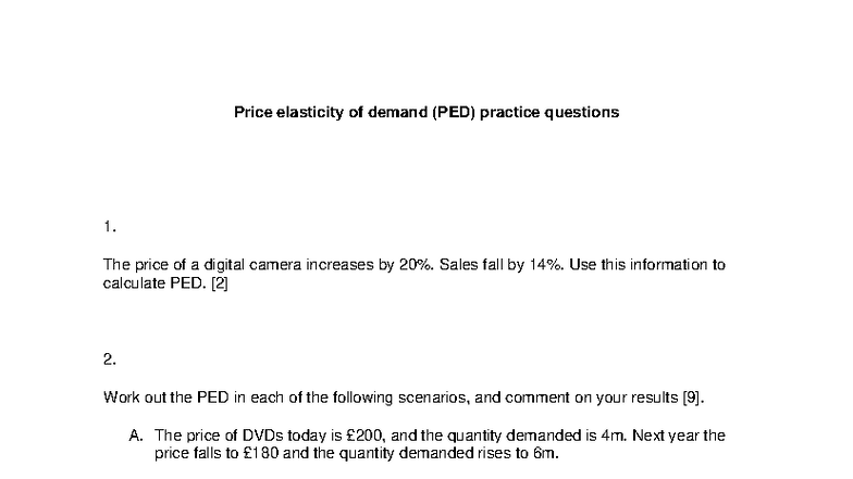 PED Practice Questions: Understanding Price Elasticity of Demand - Studocu