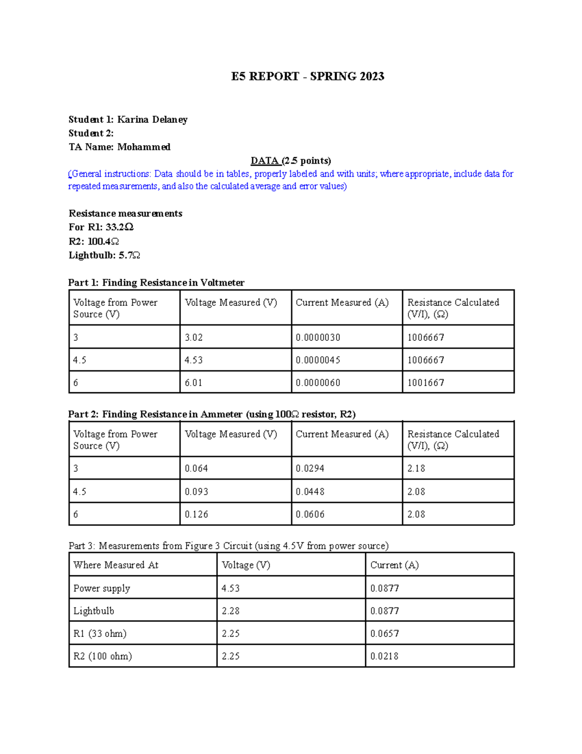 E5 Lab Report: Resistance Measurement & Analysis - Spring 2023 - Studocu