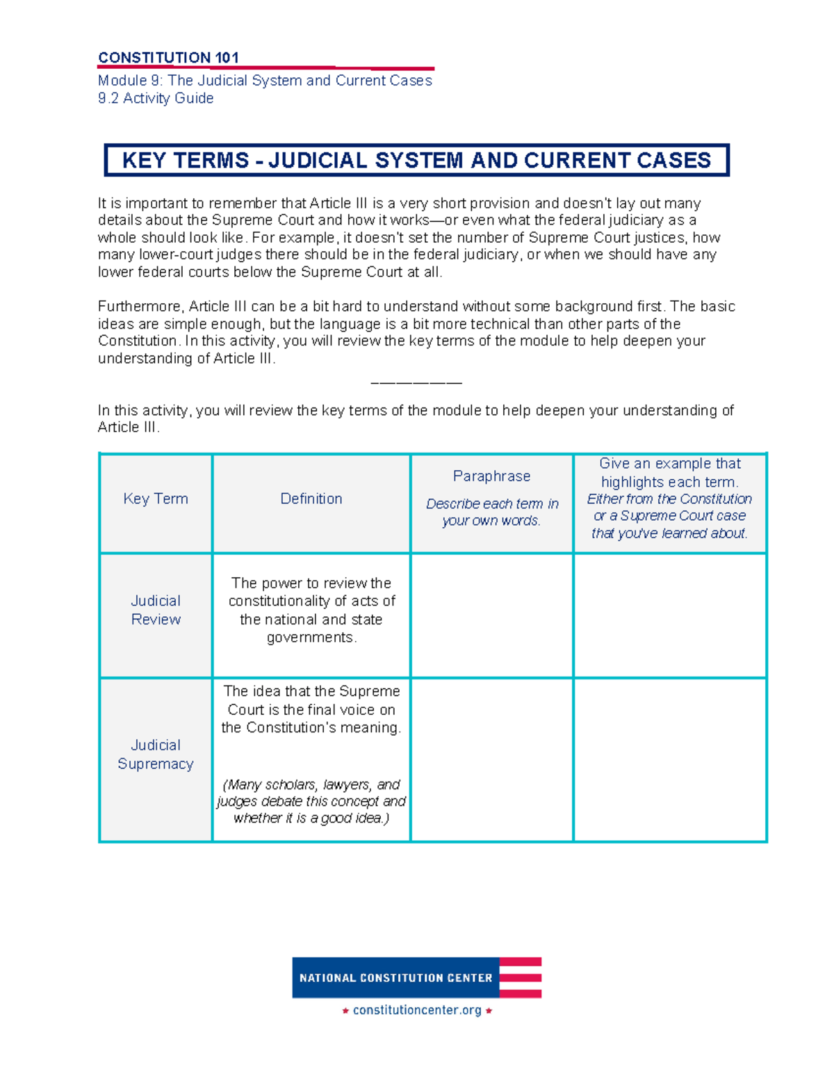 9 - HELP STUDENTS OUT - CONSTITUTION 101 Module 9: The Judicial System ...