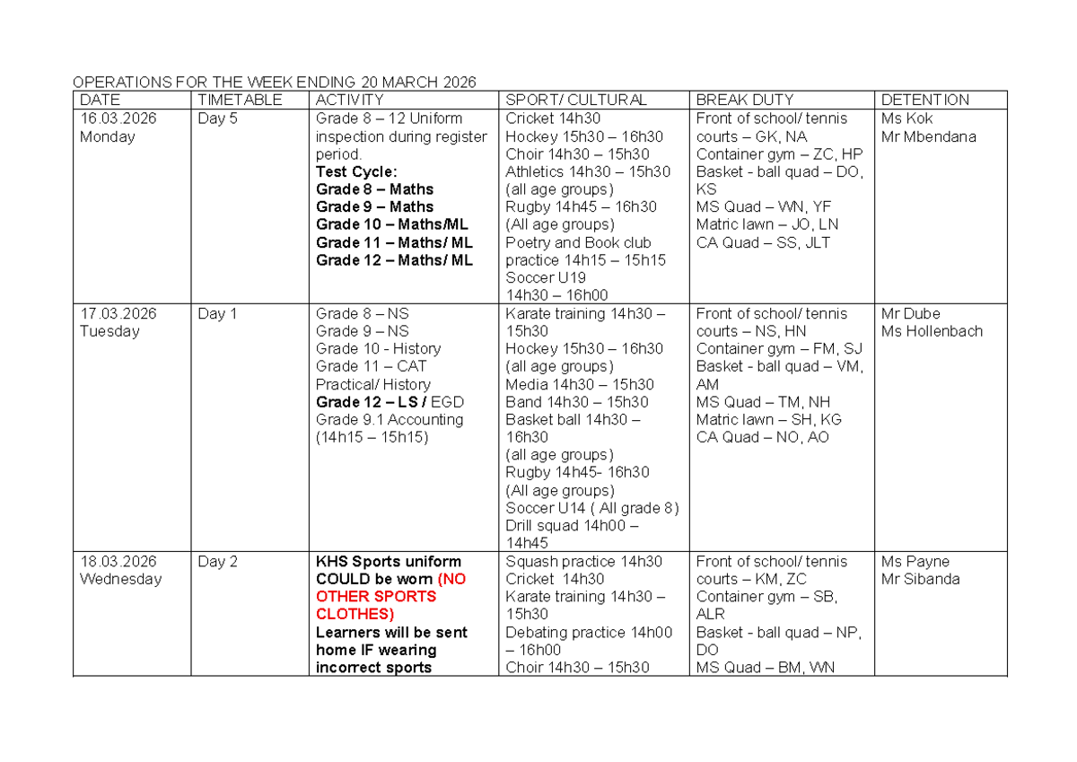 Grade 8-12 Weekly Operations Schedule: 20 March 2026 - Studocu