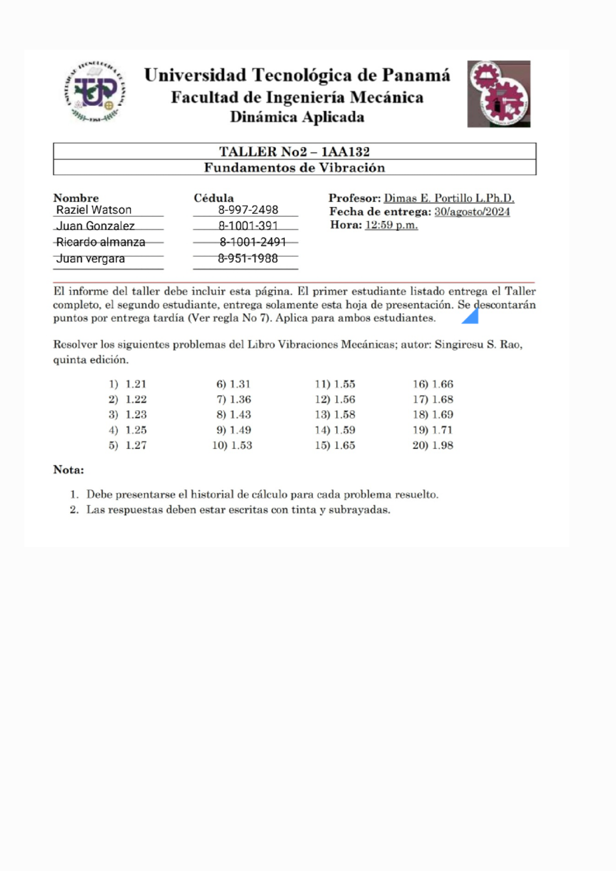 Taller N2 - Dinámica aplicada - Universidad Tecnológica de Panamá tp ...