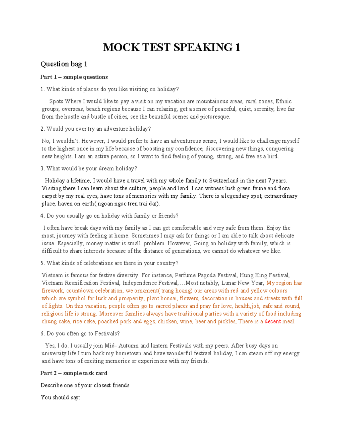 MOCK TEST SPEAKING 1 - Sample Questions and Answers - Studocu