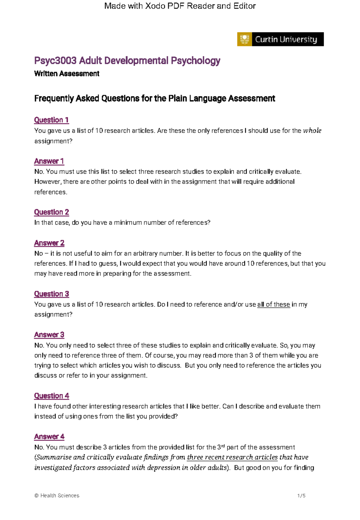 Psyc3003 Adult Developmental Psychology Assessment FAQs 2025 - Studocu