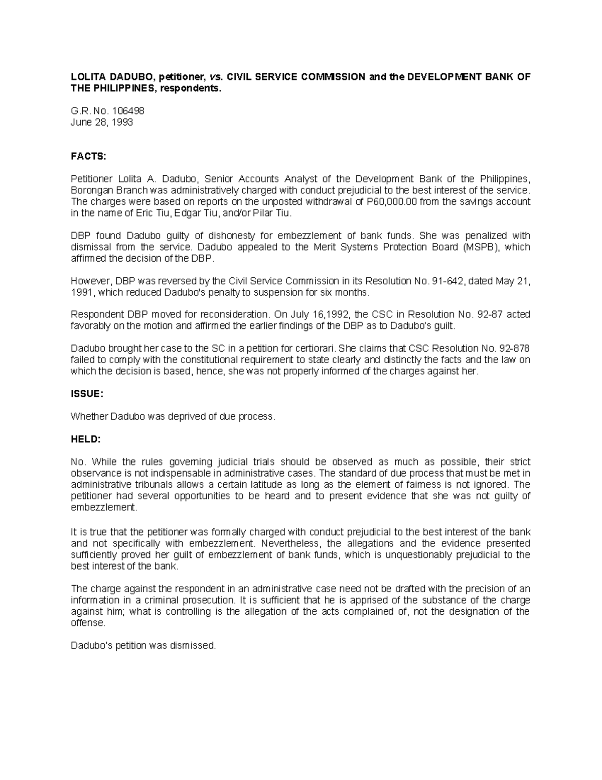 G.R. No. 106498: Dadubo vs. Civil Service Commission Case Analysis ...