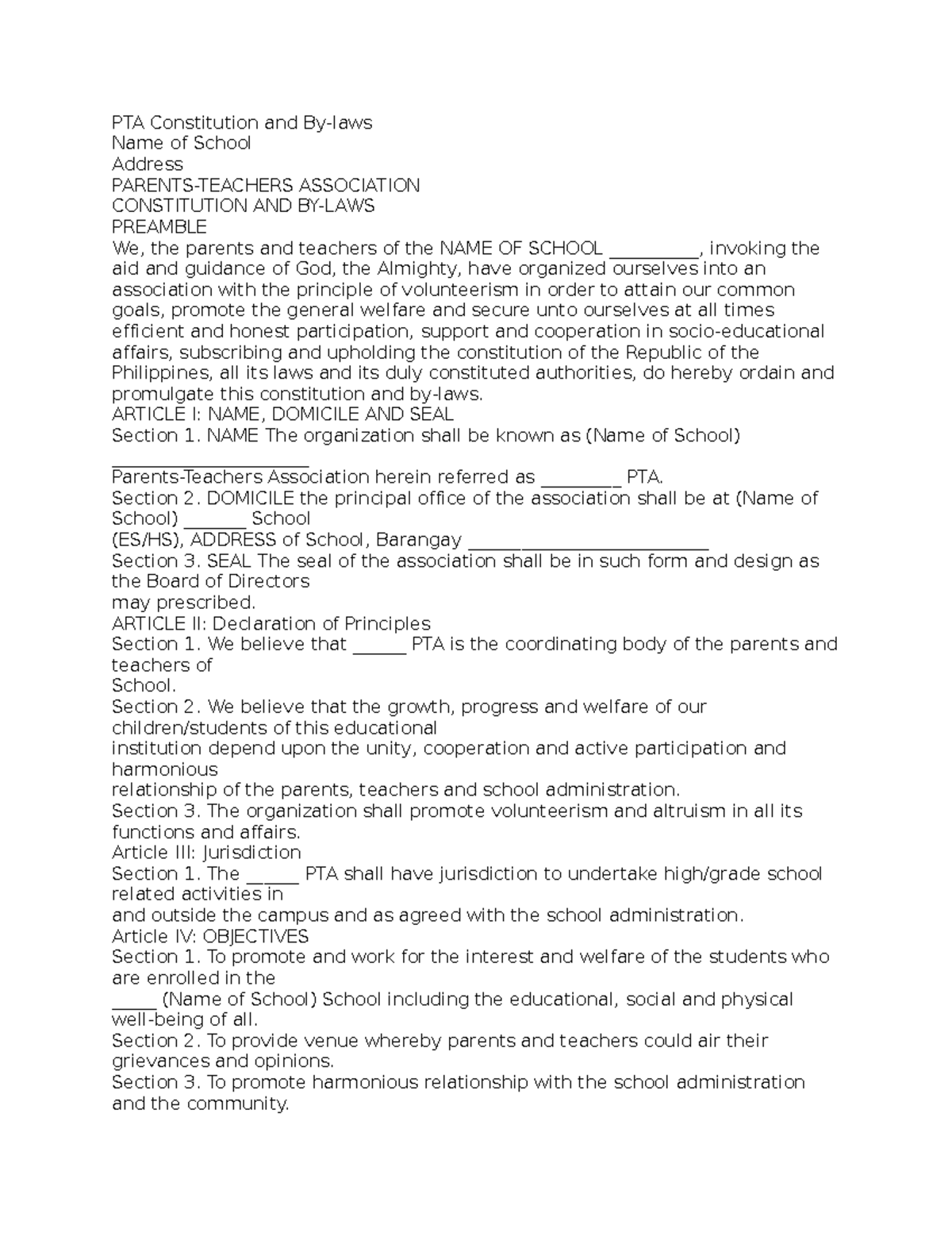 PTA Constitution & By-Laws for ______________ School - Studocu