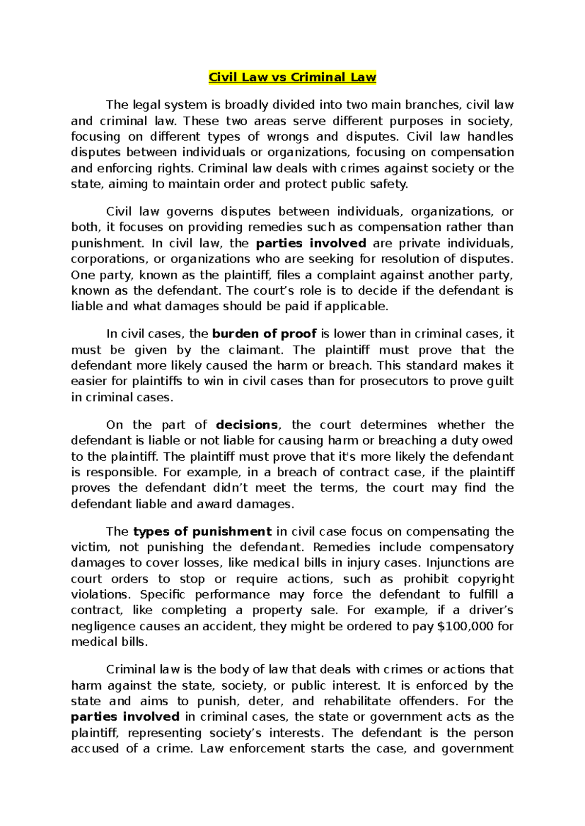 Civil Law vs Criminal Law: Key Differences & Implications - Studocu