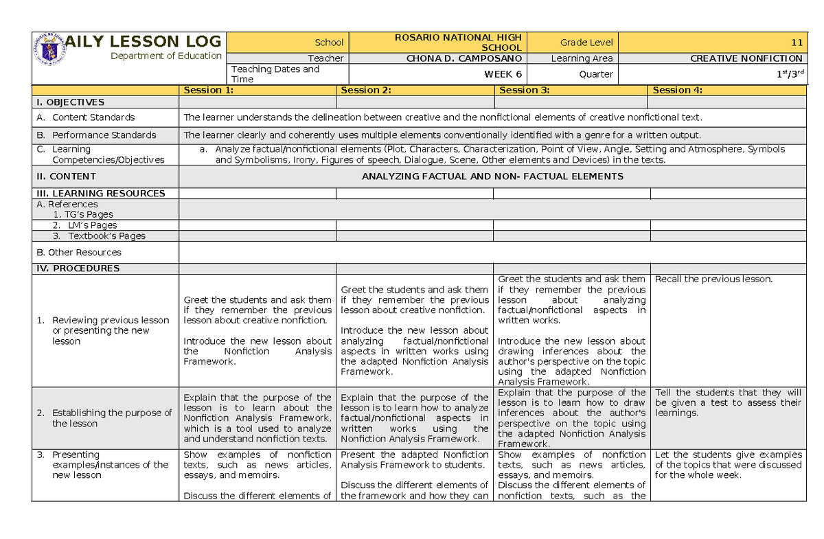 Creative Nonfiction Lesson Plan (Grade 11) - Week 6 - Studocu