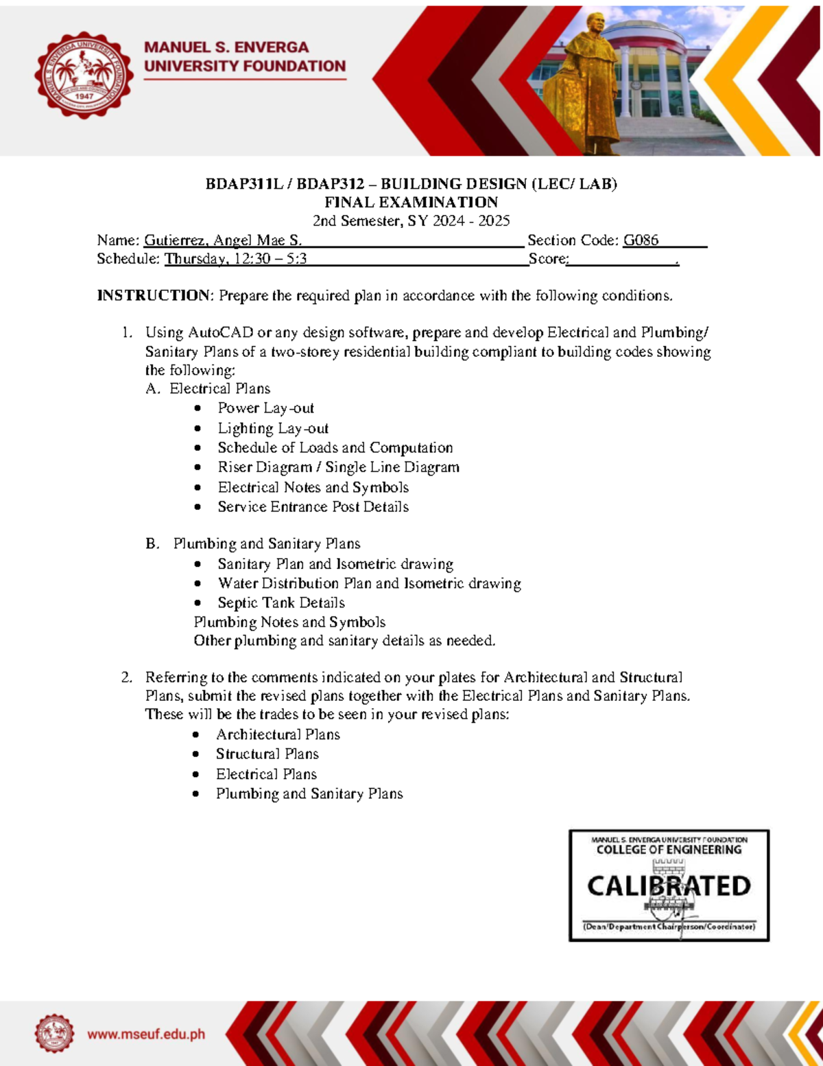 BDAP311L BDAP312 Building Design Lab Final Exam 2nd Sem SY 2024-2025 - Studocu