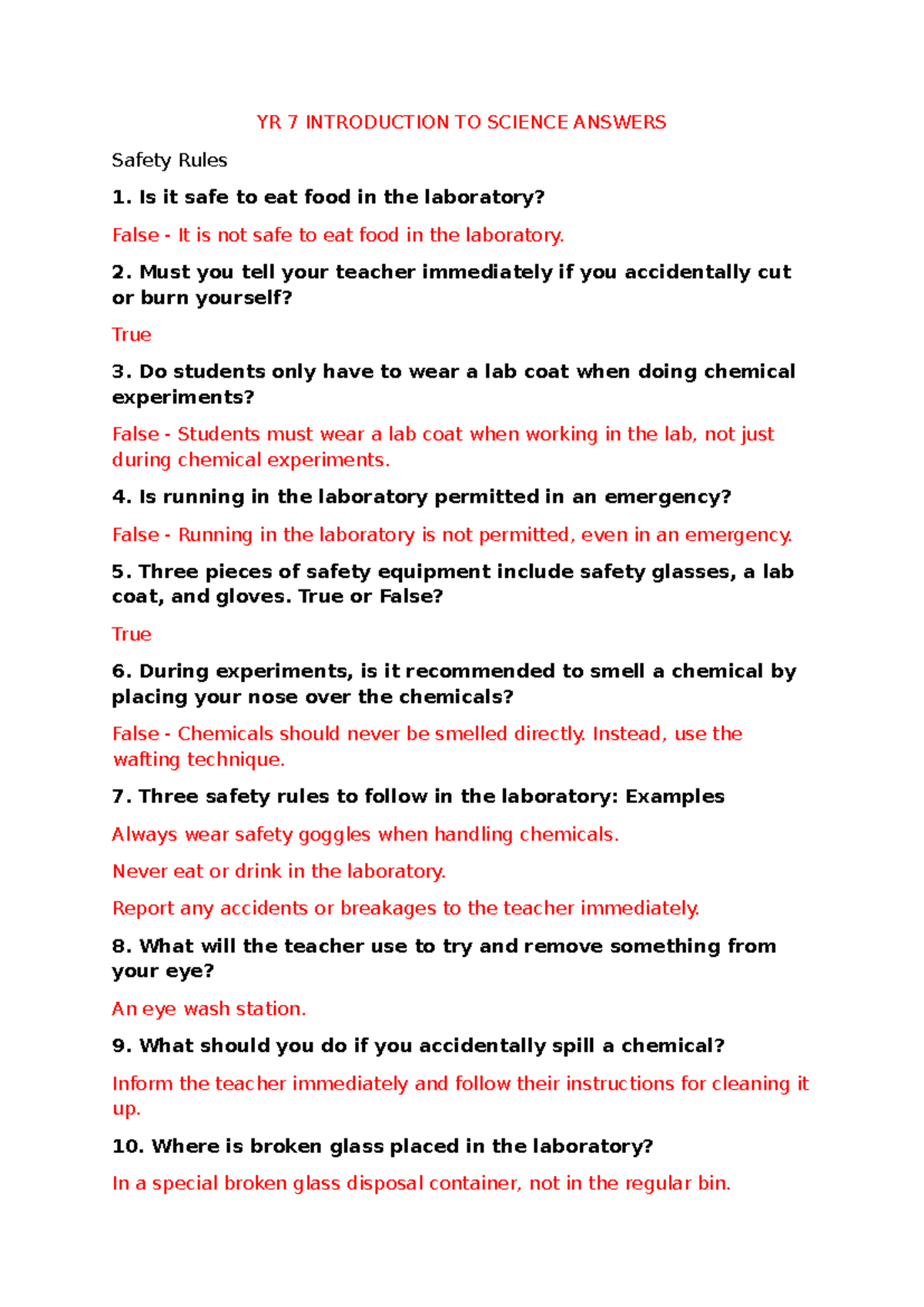 YR 7 SCIENCE INTRODUCTION: LAB SAFETY RULES & EQUIPMENT ANSWERS - Studocu