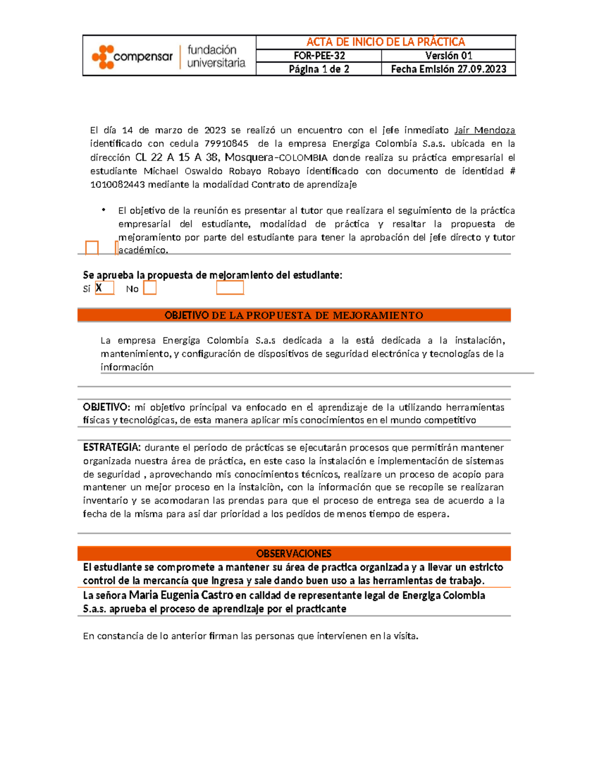 For pee 31 v00 acta de inico de la practica - X OBJETIVO DE LA ...