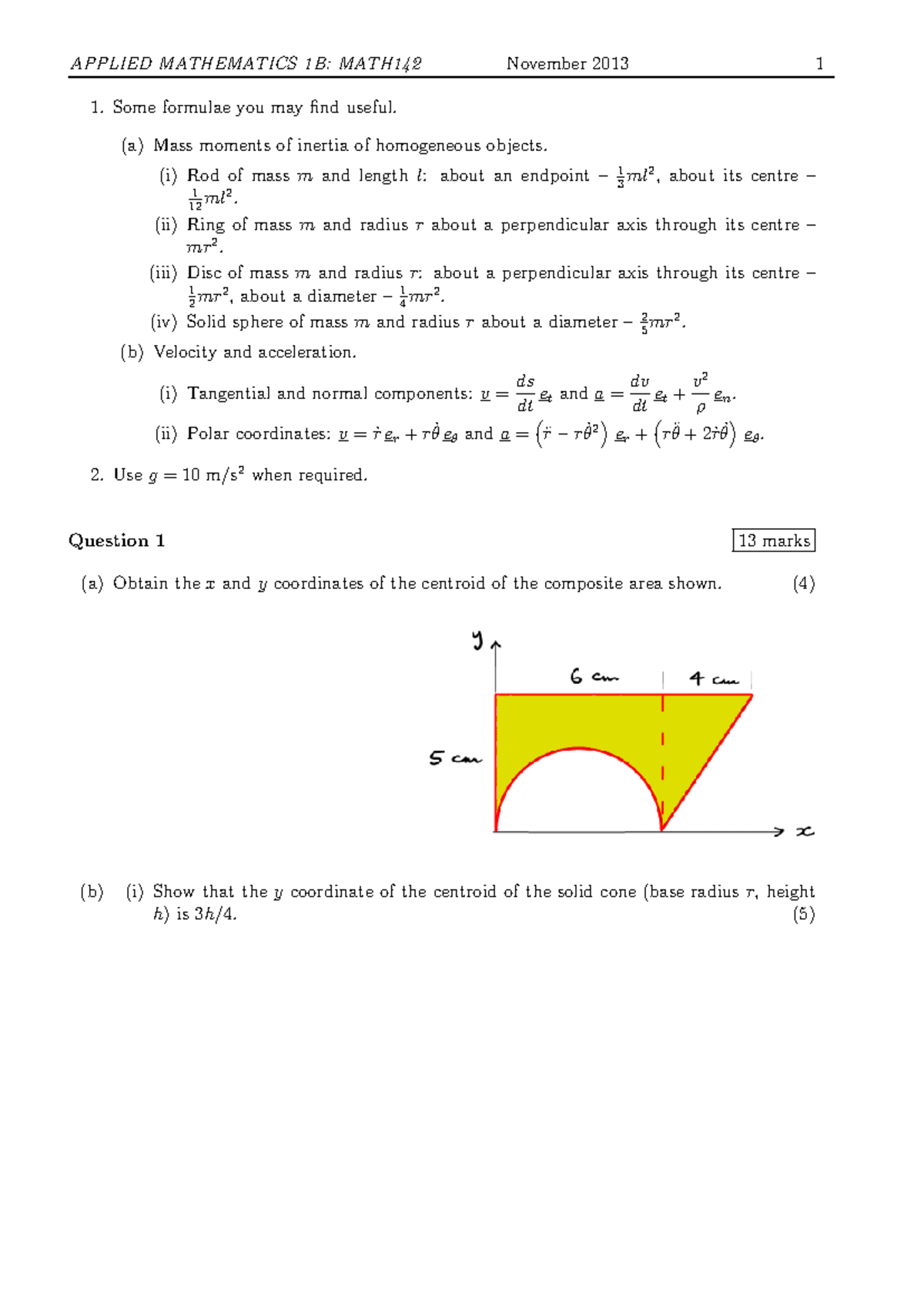 MATH142: APPLIED MATHEMATICS 1B November 2013 Exam Practice - Studocu