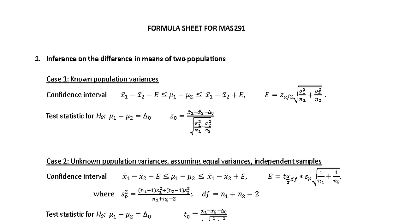 Formula Sheet for MAS291: Inference on Means & Proportions - Studocu