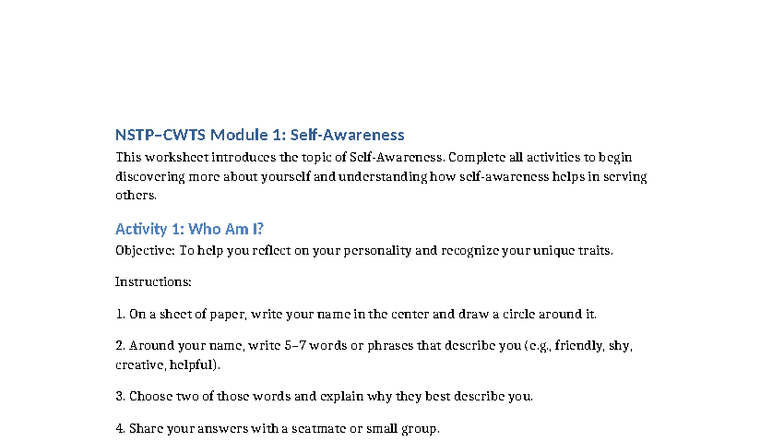 NSTP CWTS Module 1: Self-Awareness Activities Worksheet - Studocu