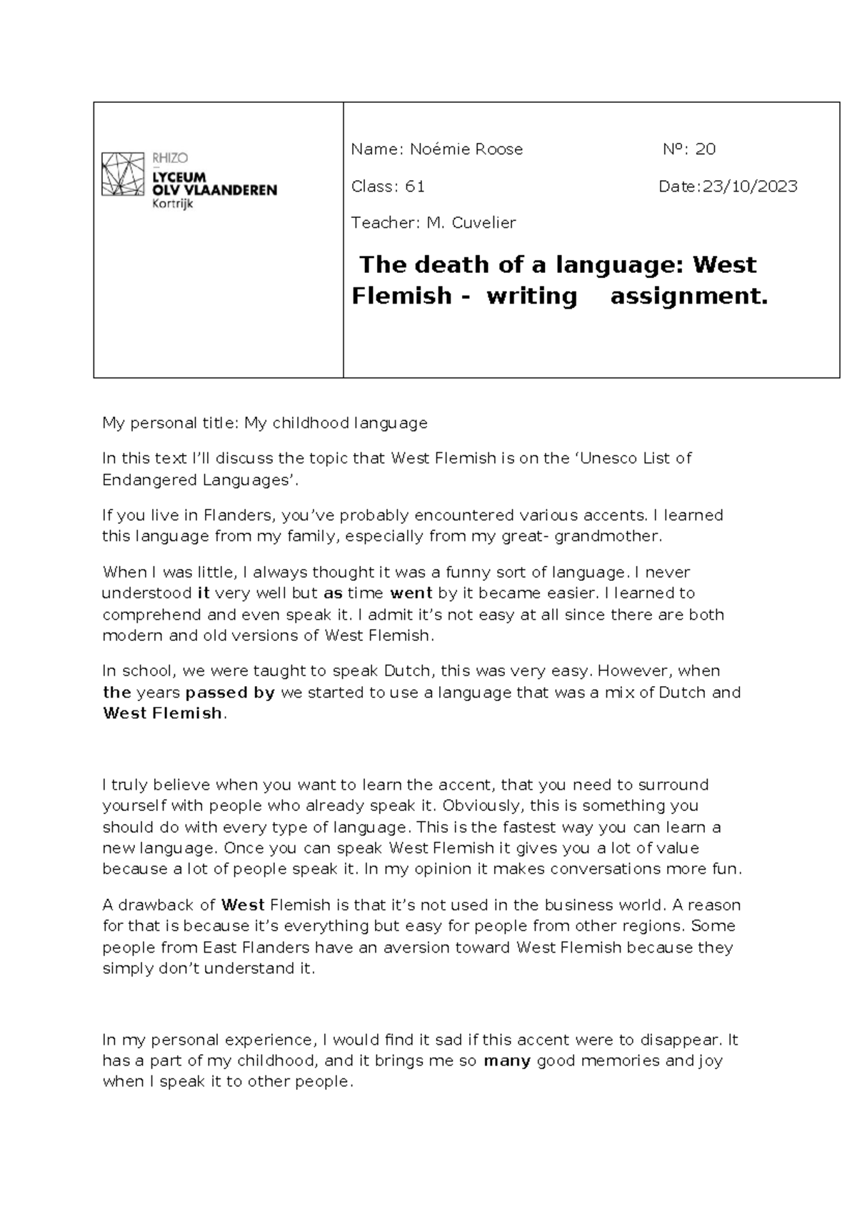 61 Writing Assignment: The Endangerment of West Flemish Language - Studocu