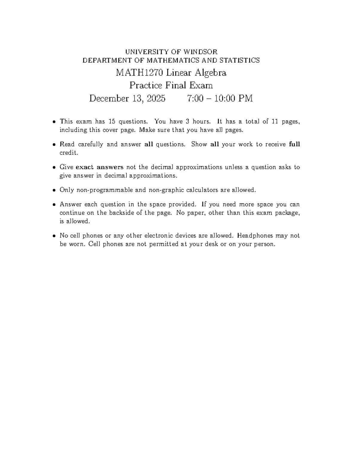 MATH1270 Linear Algebra Final Exam Practice Test 2025 - Studocu