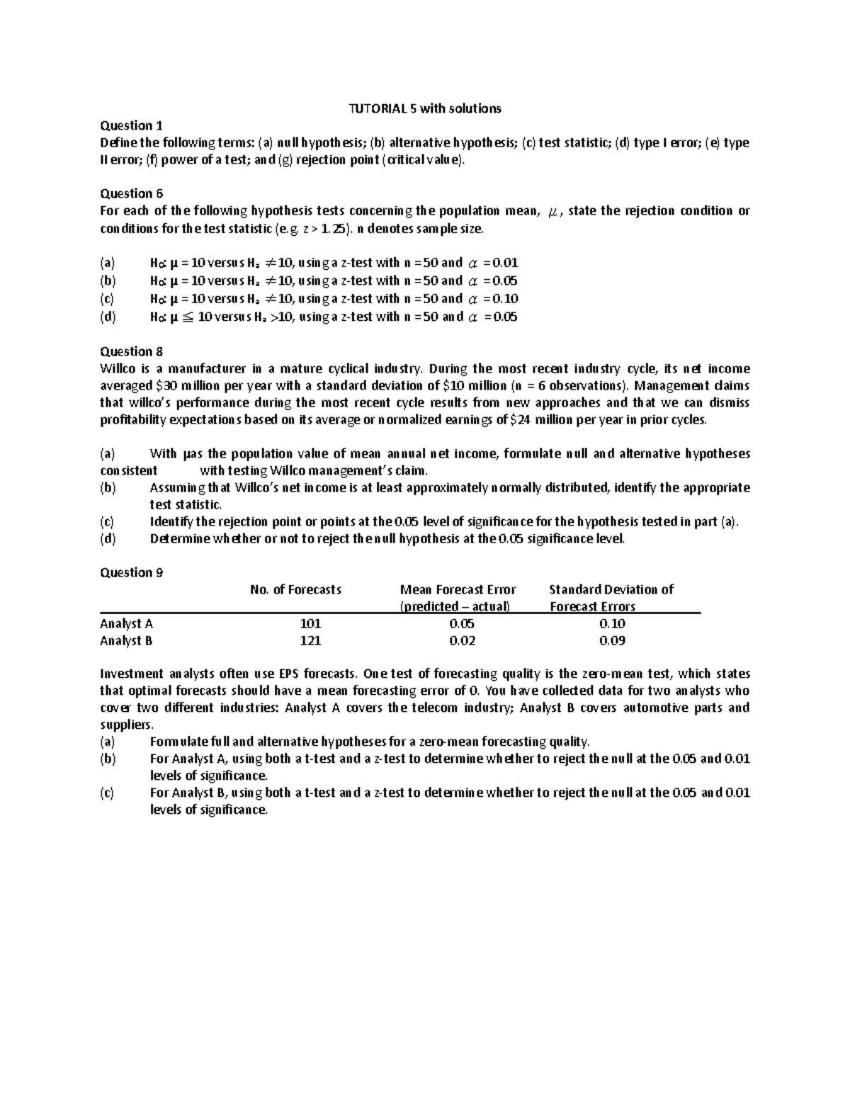 Tutorial 5 Solutions: Hypothesis Testing & Forecasting Quality Analysis ...