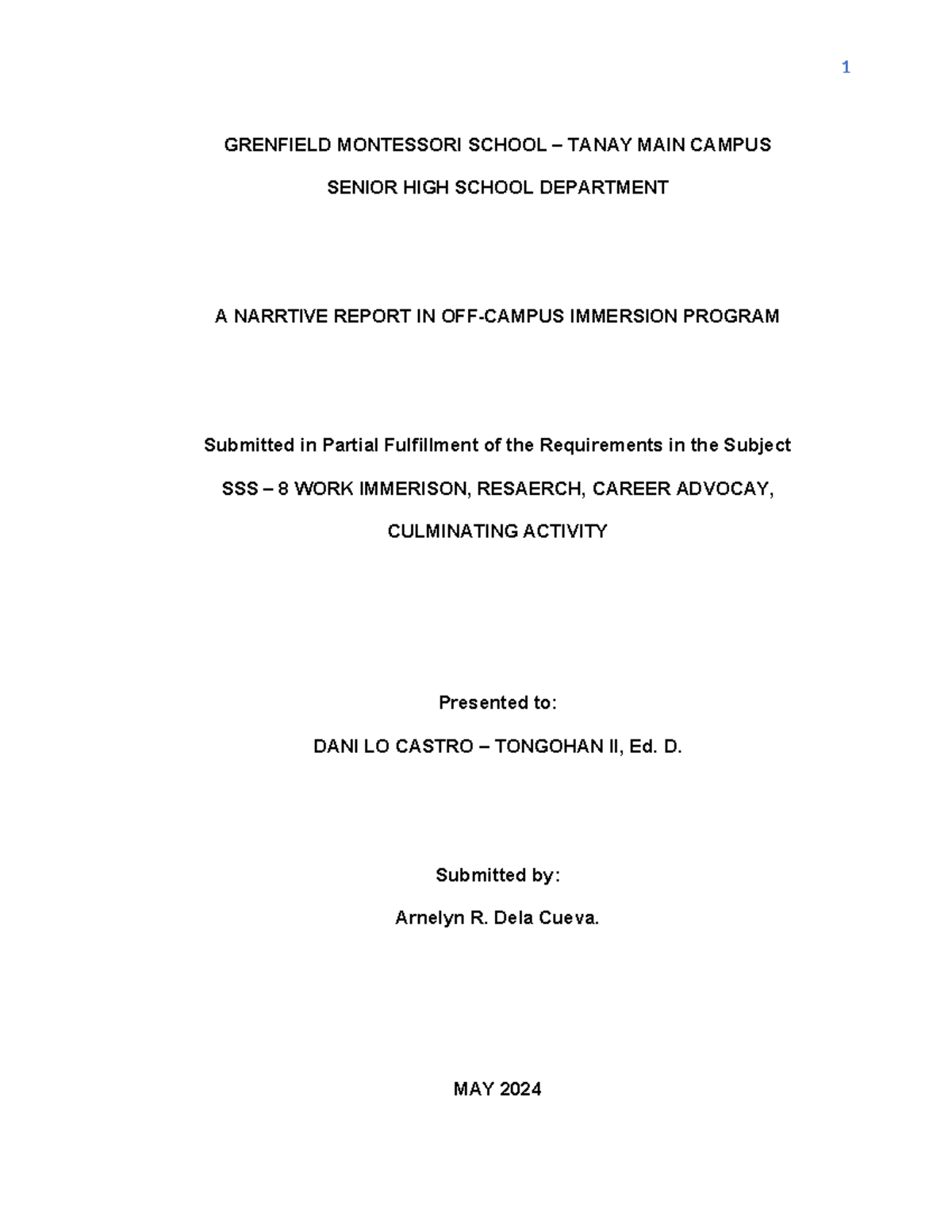 Narrative Report: Work Immersion Experience in SSS-8 Program - Studocu