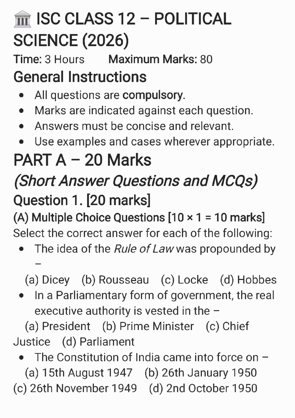 ISC Class 12 Political Science Exam Notes (2026) - 80 Marks - Studocu
