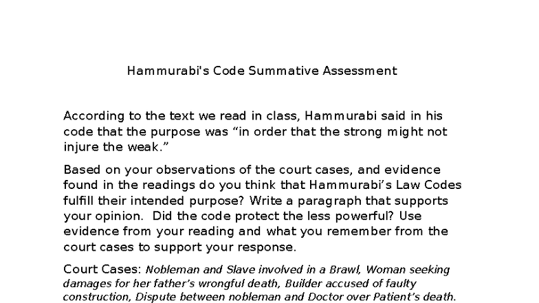 Hammurabi Code Summative Assessment: Law Codes & Their Purpose - Studocu