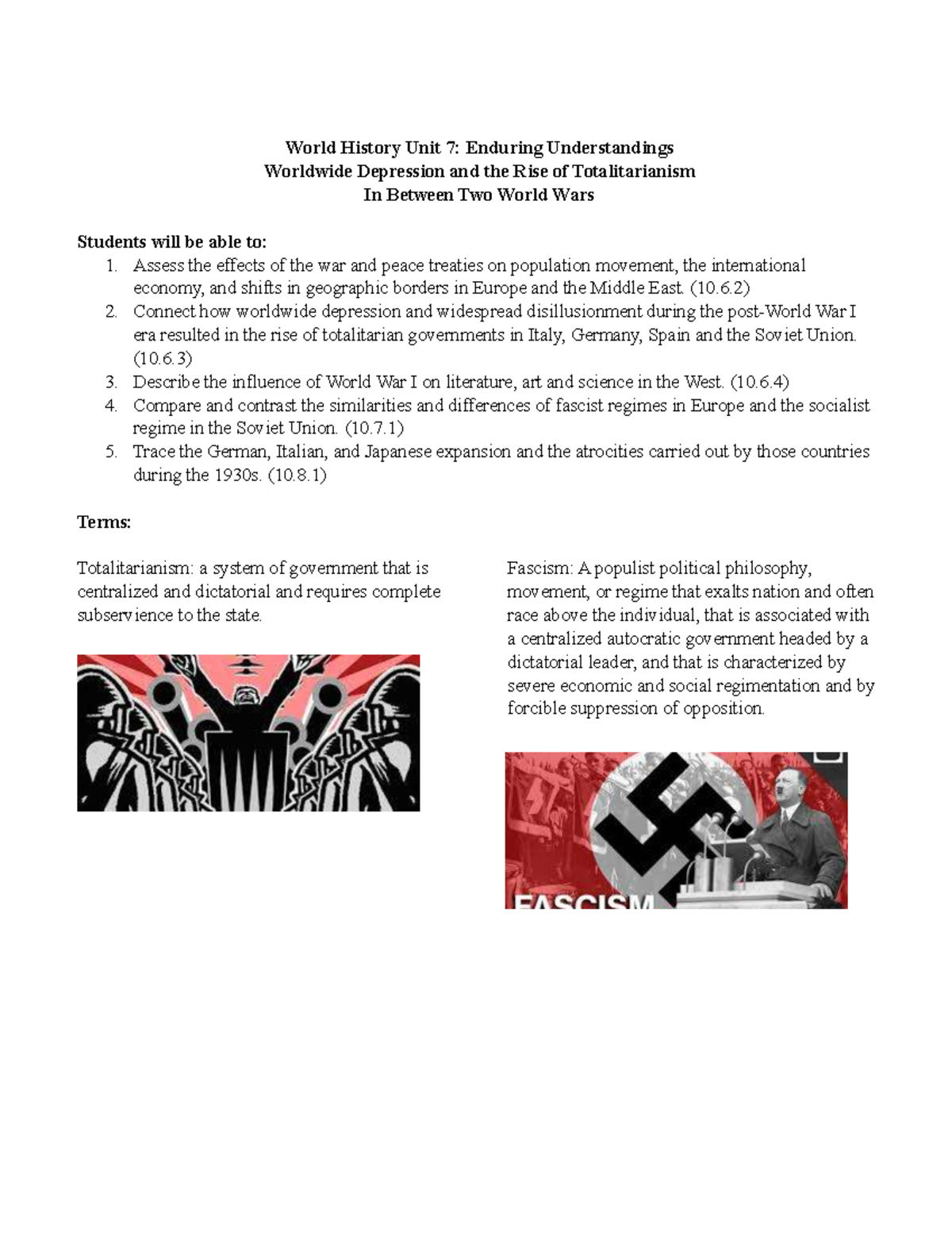 Unit 7: Worldwide Depression & Totalitarianism in History (EU 2012-1 ...