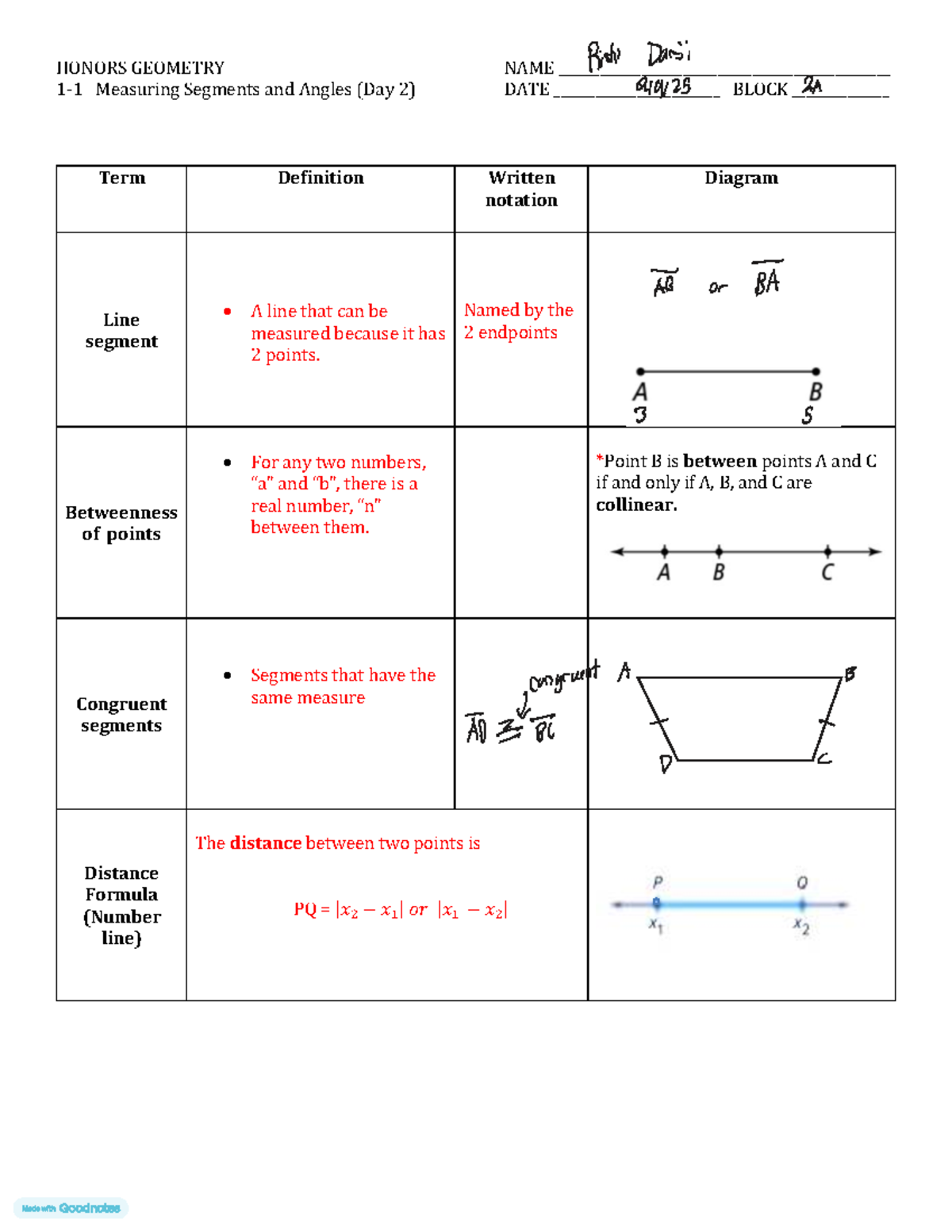 Honors Geometry 2A: Measuring Segments & Angles (Day 2) - BCA9EC50 ...
