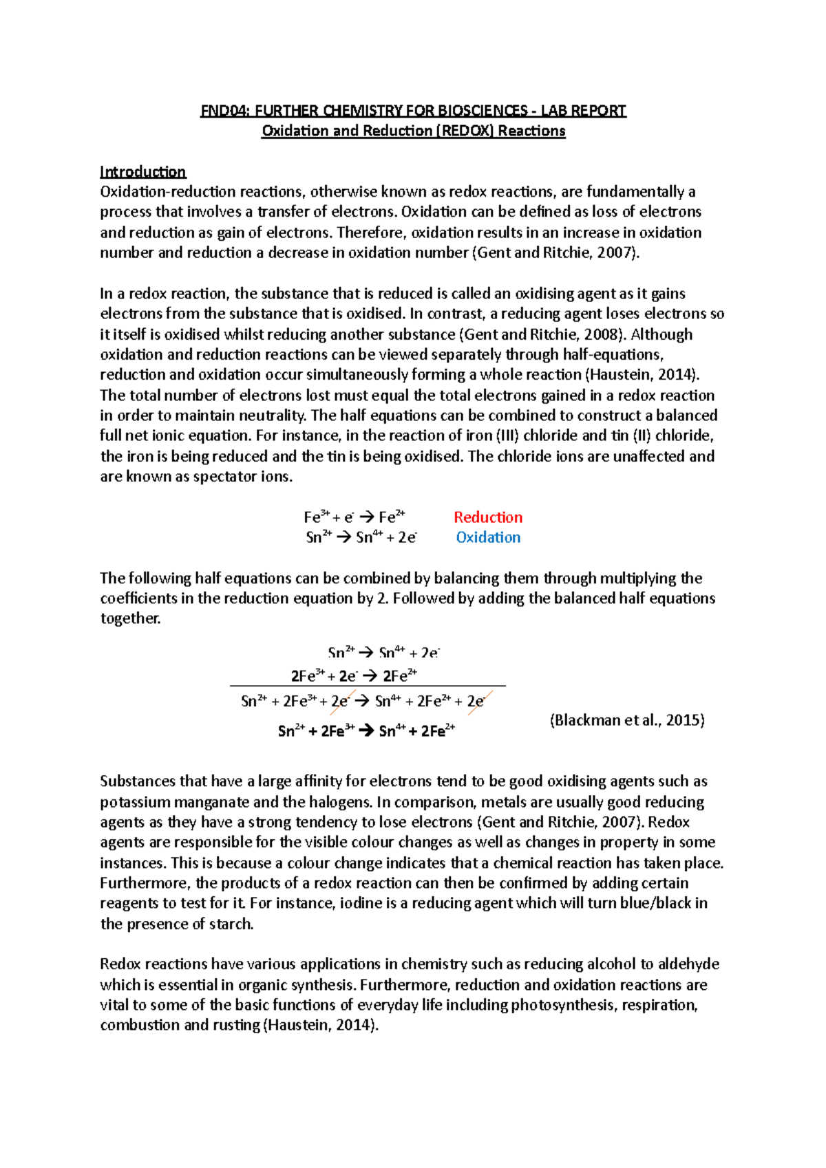 FND04 Lab Report: Investigating Oxidation-Reduction Reactions - Studocu