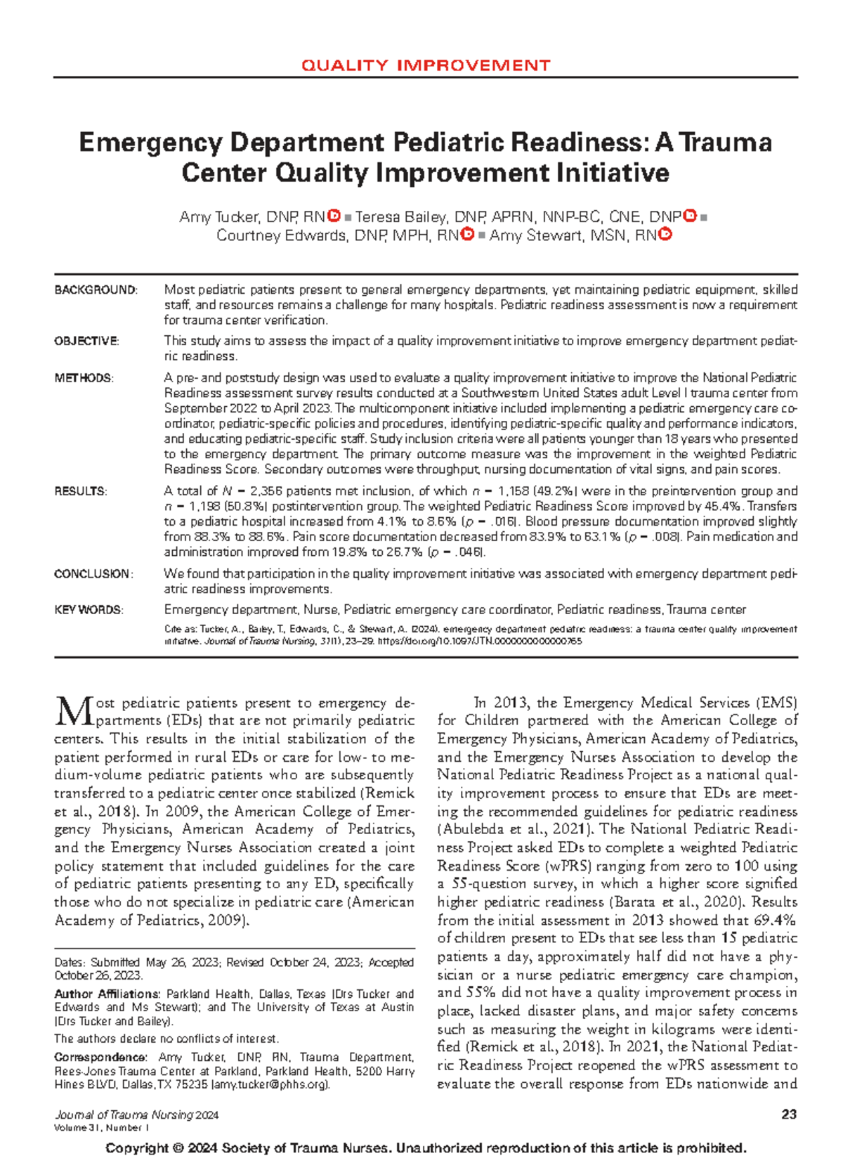 Pediatric Readiness Quality Improvement in ED: A Trauma Center ...