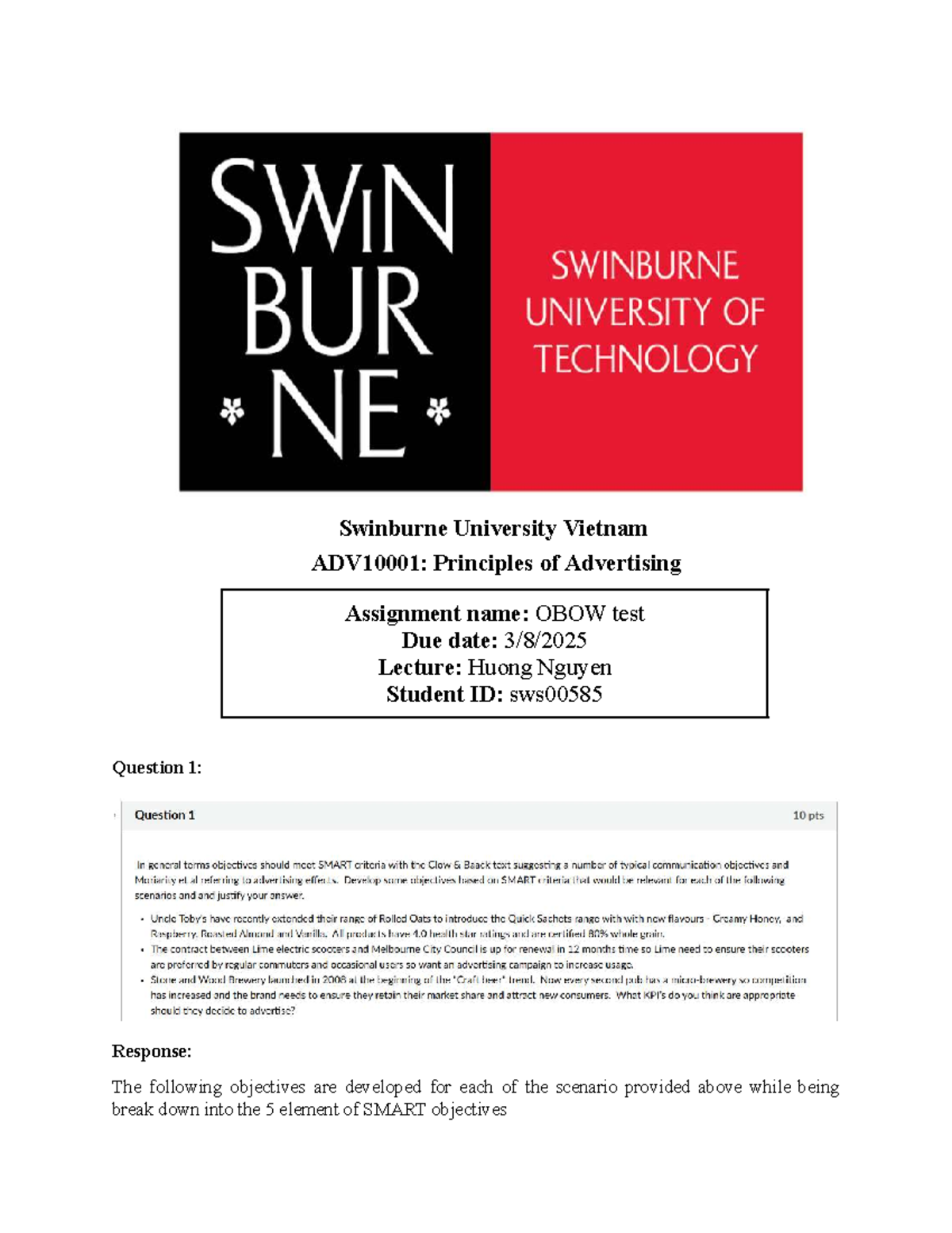 Swinburne University Vietnam: Principles of Advertising Assignment ...
