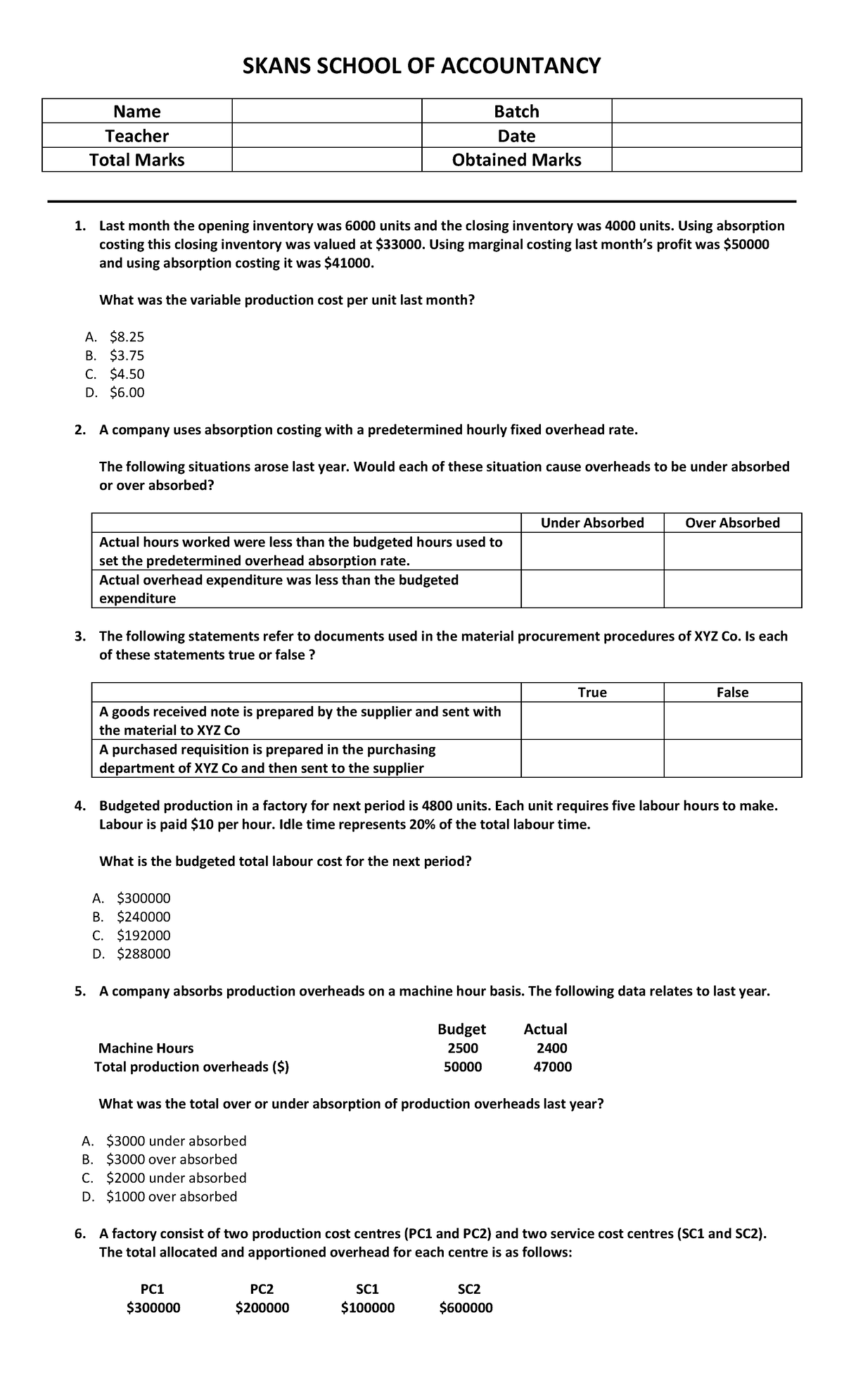 MA1 MOCK 2 - Absorption & Marginal Costing Questions and Answers - Studocu