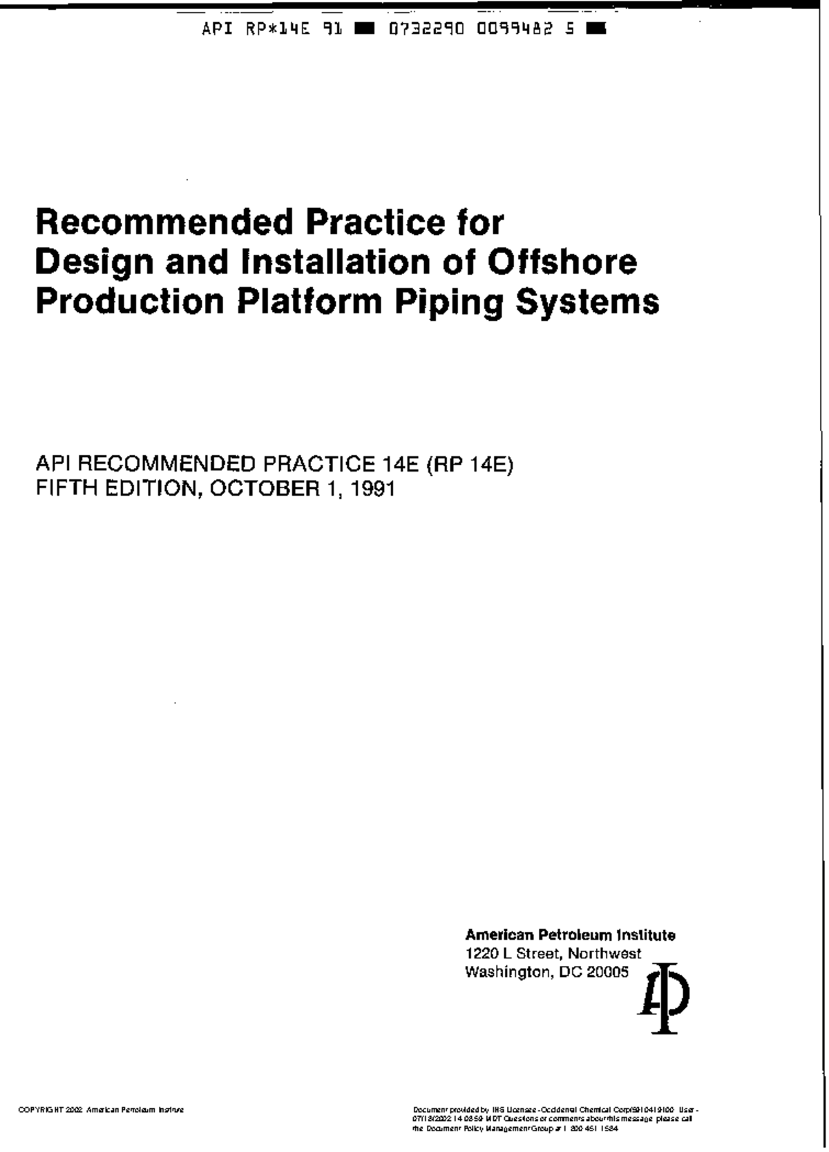 API RP 14E: Recommended Practices for Offshore Production Platform ...