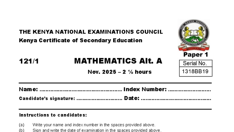 KCSE Mathematics Paper 1 2025 - National Exam Questions - Studocu