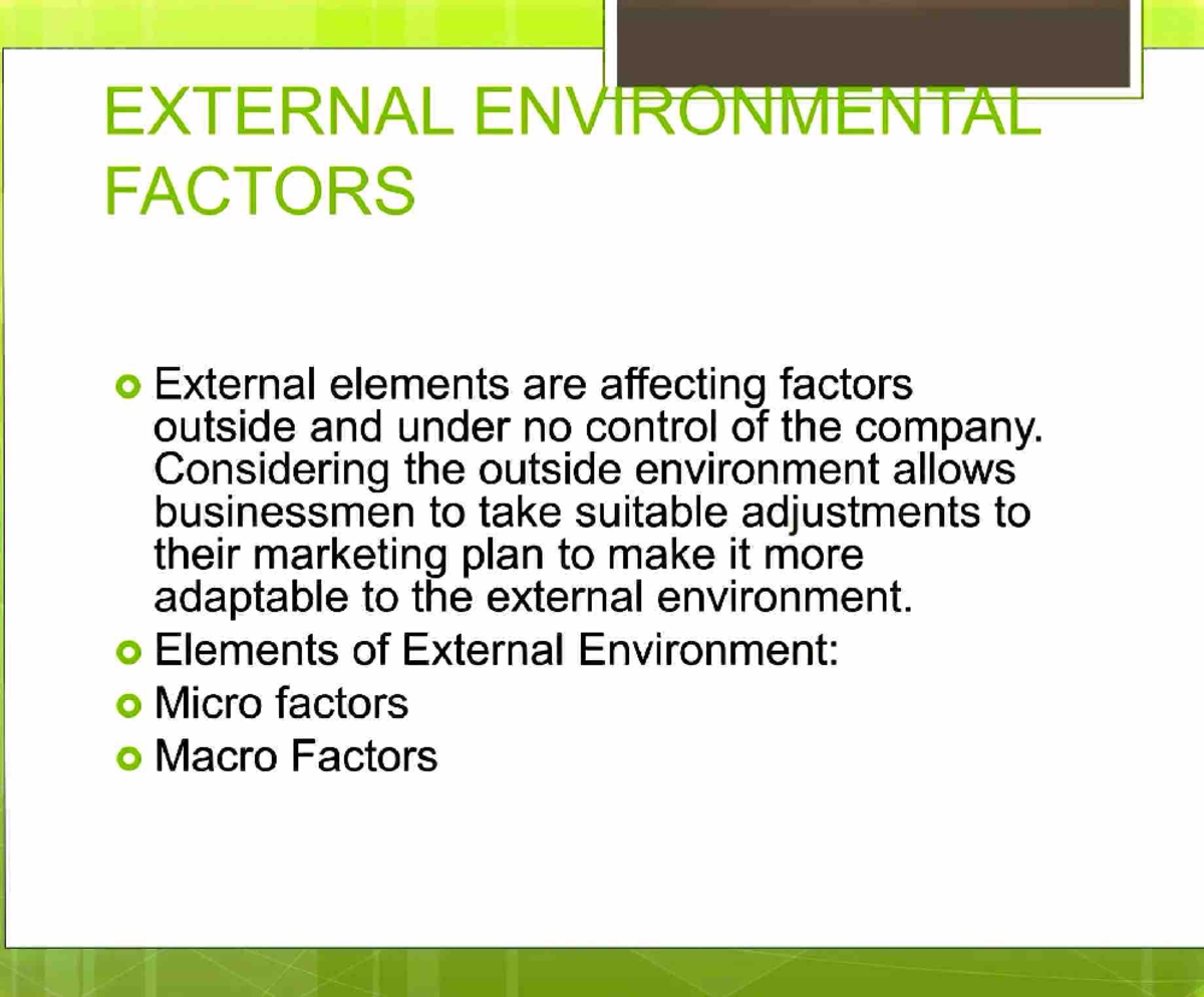 External Environment Factors: Micro & Macro Influences (PPT - Lecture ...