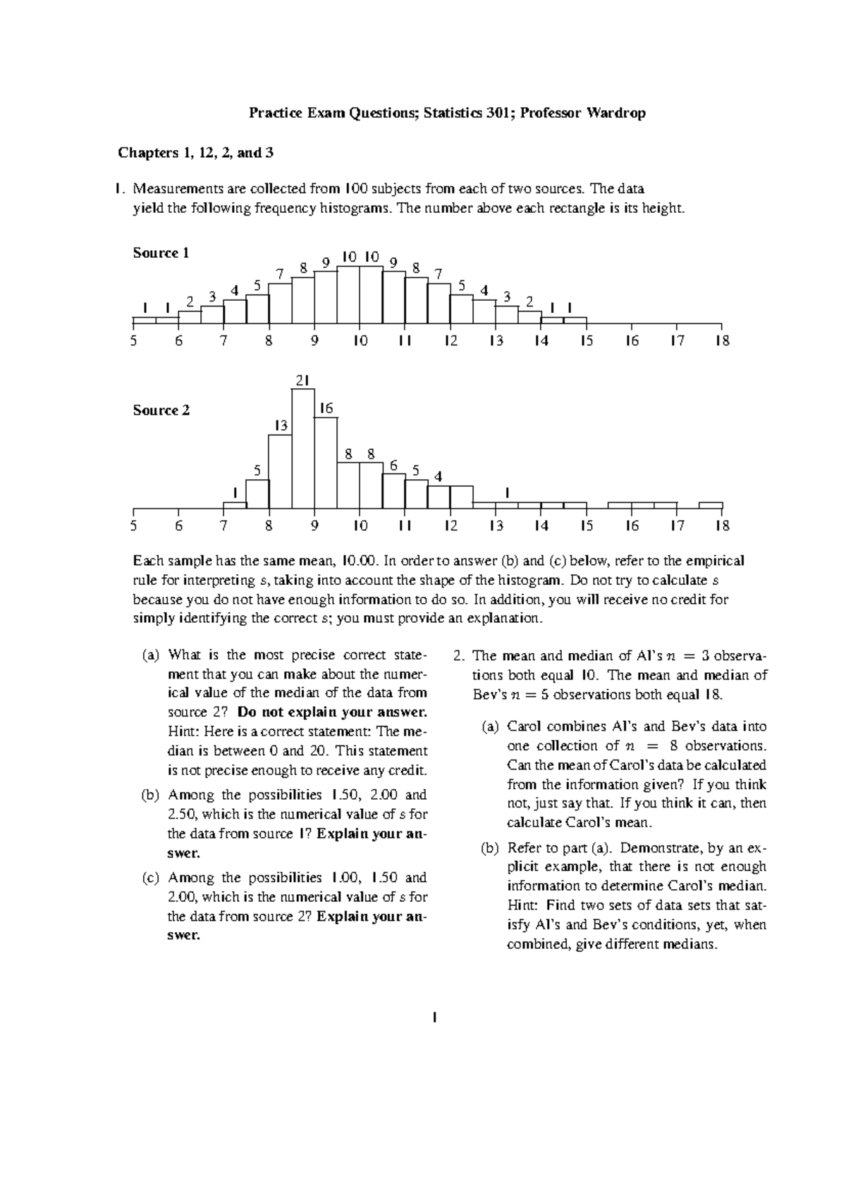 Practice Exam Questions - STAT 301 - Professor Wardrop - Studocu