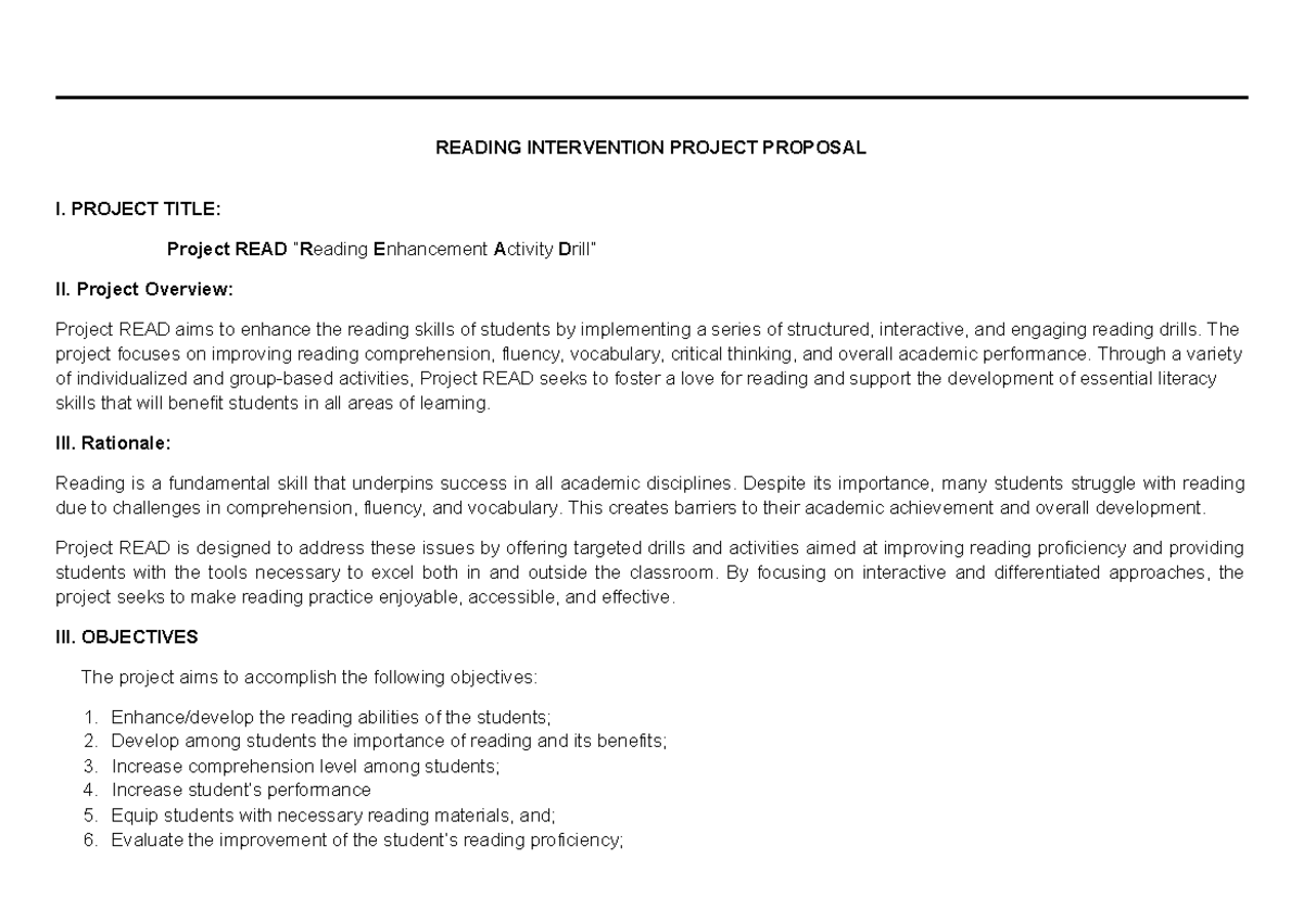 519898401 Project Proposal READ - READING INTERVENTION PROJECT PROPOSAL I. PROJECT TITLE ...